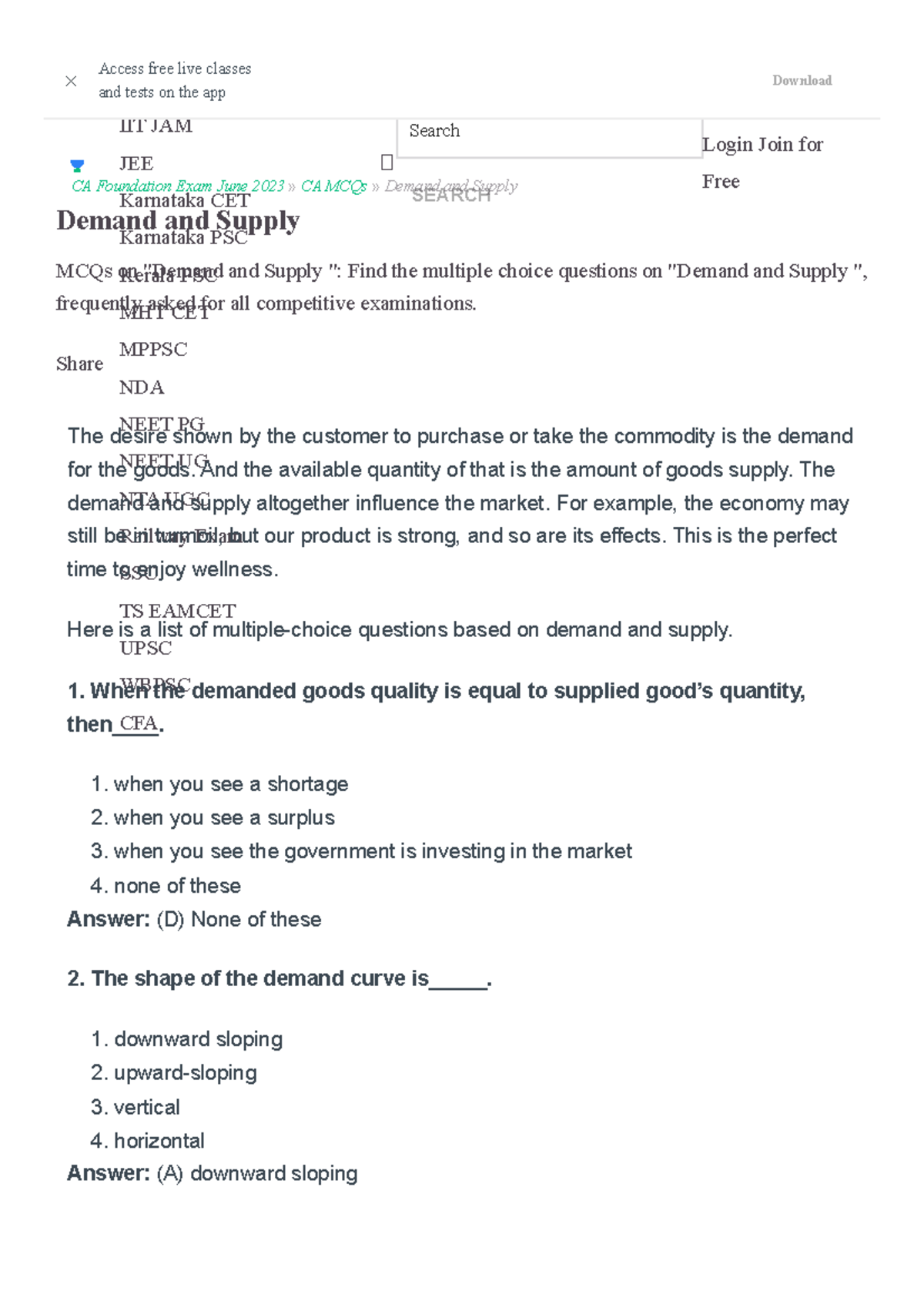 MCQS on Demand and Supply 1 - Demand and Supply MCQs on "Demand and Supply ": Find the - Studocu