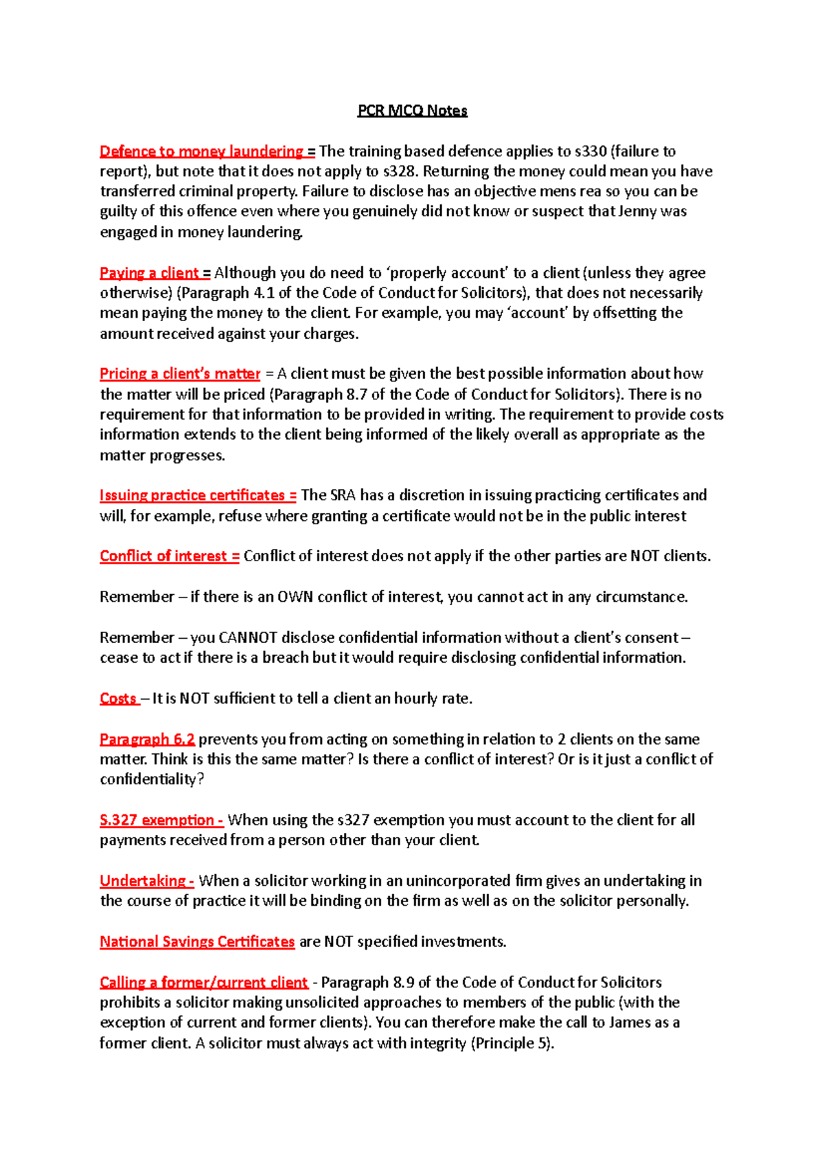 PCR MCQ Notes - PCR MCQ Notes Defence to money laundering = The ...