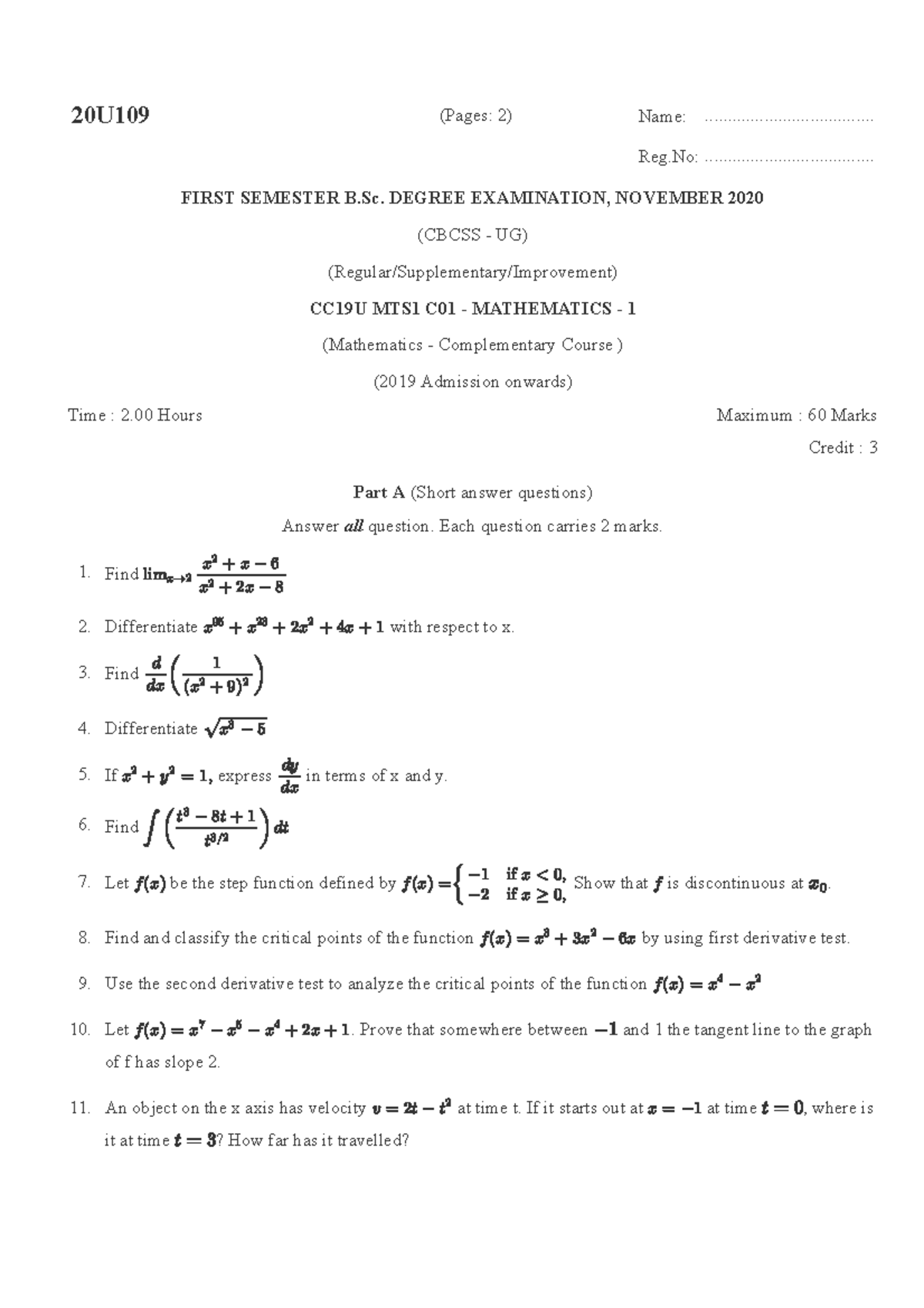 MTS1 C01 - Mathematics - 1 - Maximum : 60 Marks Credit : 3 20U109 ...