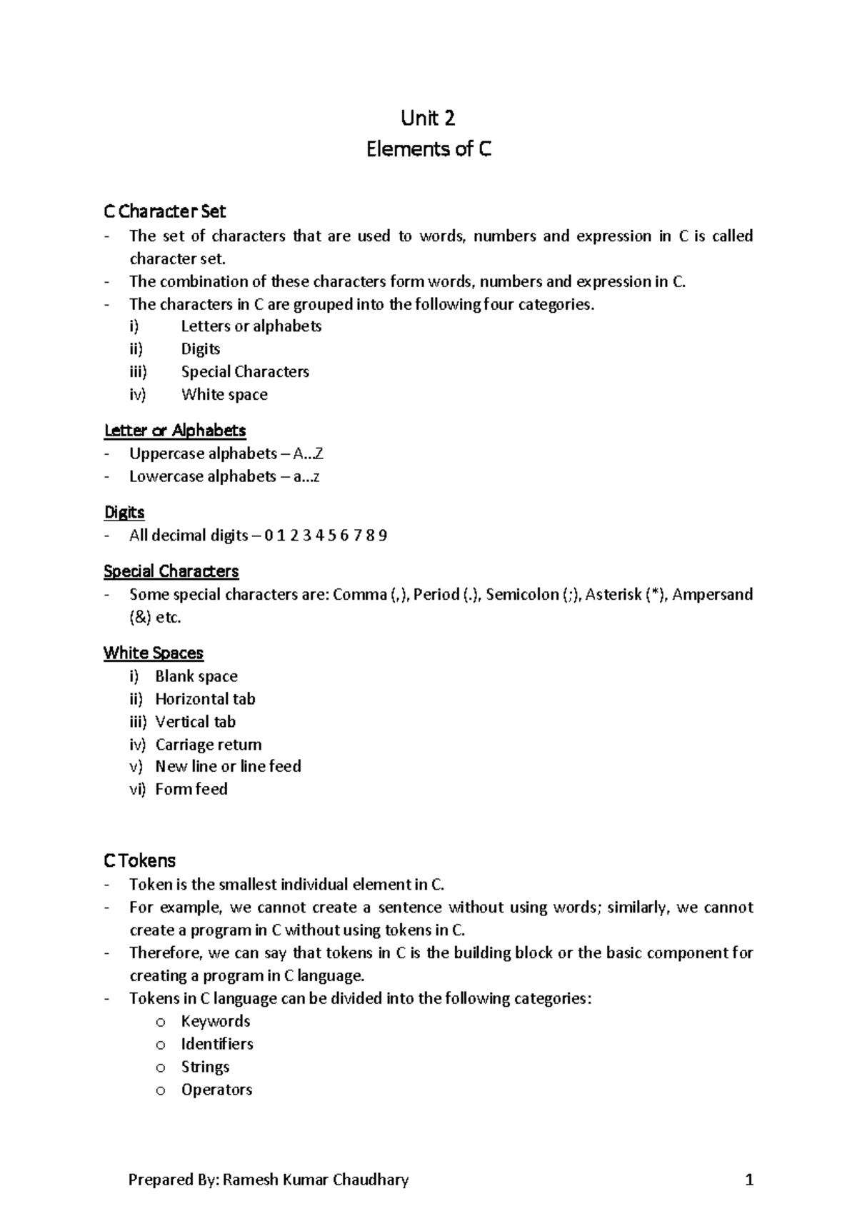 Unit 2 Elements Of C C Programming Unit 2 Elements Of C C Character Set The Set Of