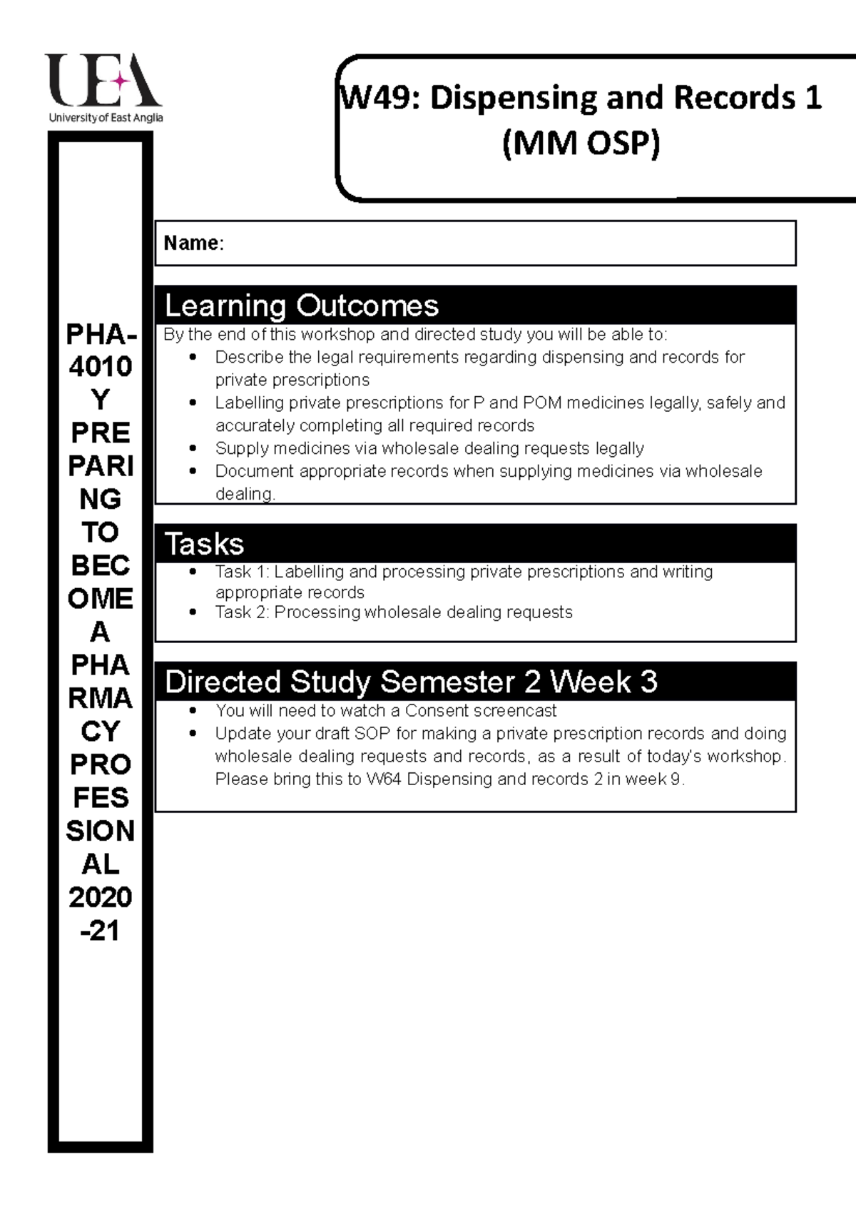 W49 Dispensing and records 1 ( Student) - Name : Learning Outcomes By ...