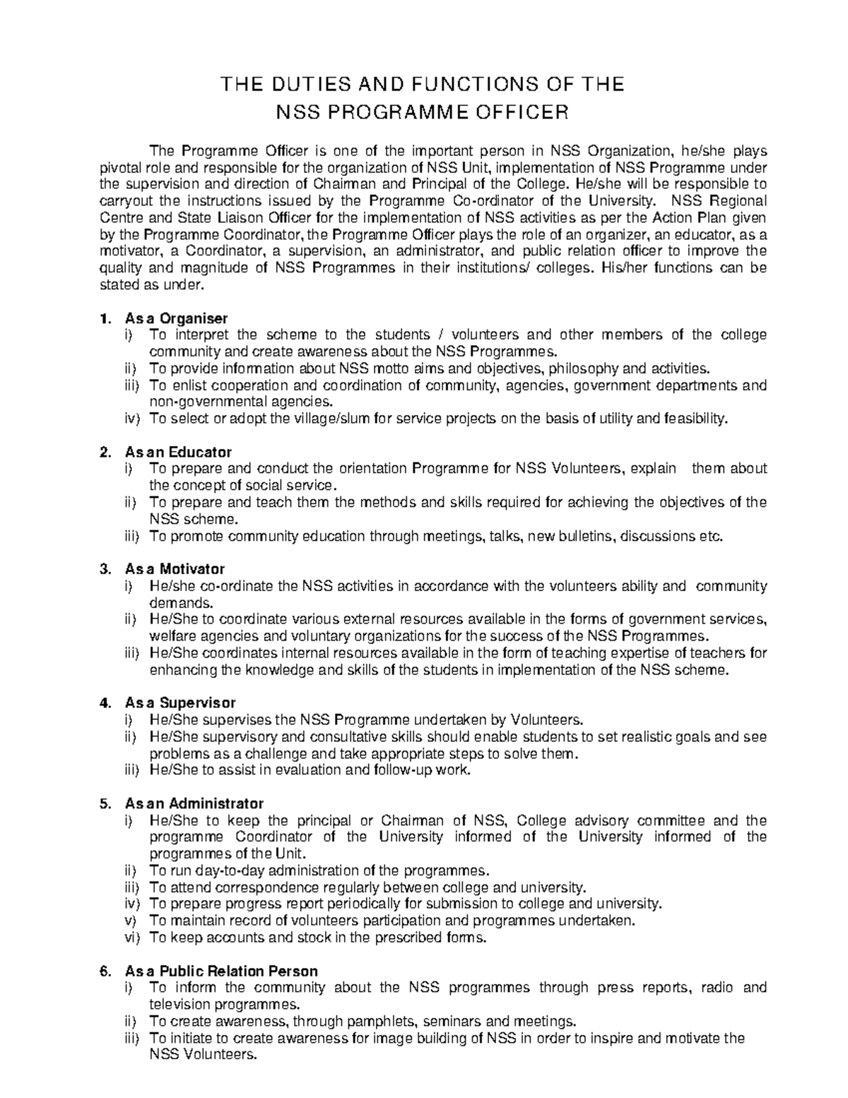 9. The Duities and functions of the NSS Programme Office - T H E DU T I ...