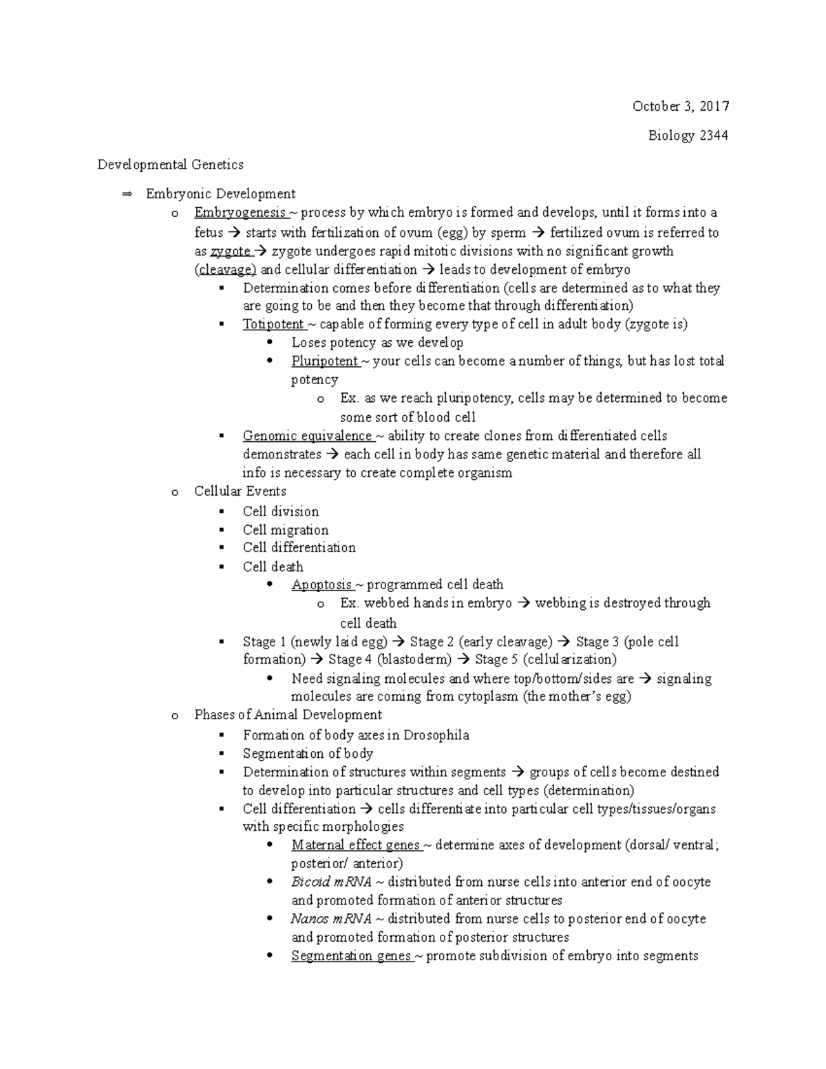 October 3 - Developmental Genetics - October 3, 2017 Biology 2344 ...