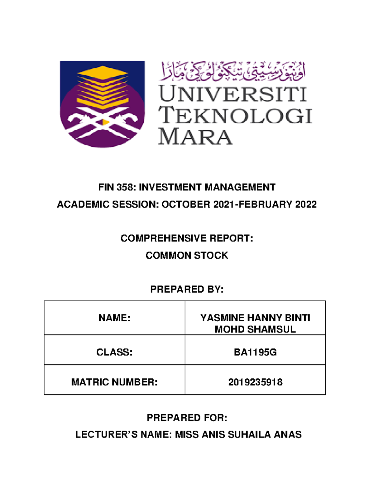 FIN 358- INDIVIDUAL ASSIGNMENT - FIN 358: INVESTMENT MANAGEMENT ...