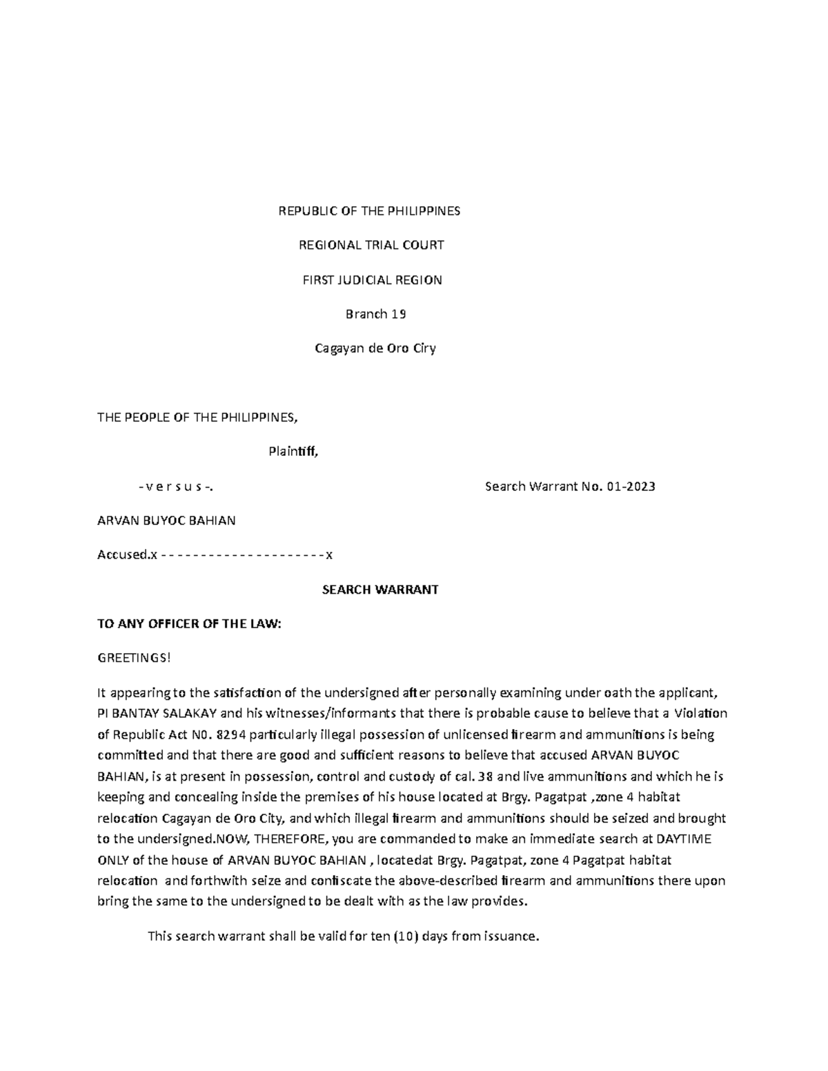 Search Warrant - For reference only - REPUBLIC OF THE PHILIPPINES ...
