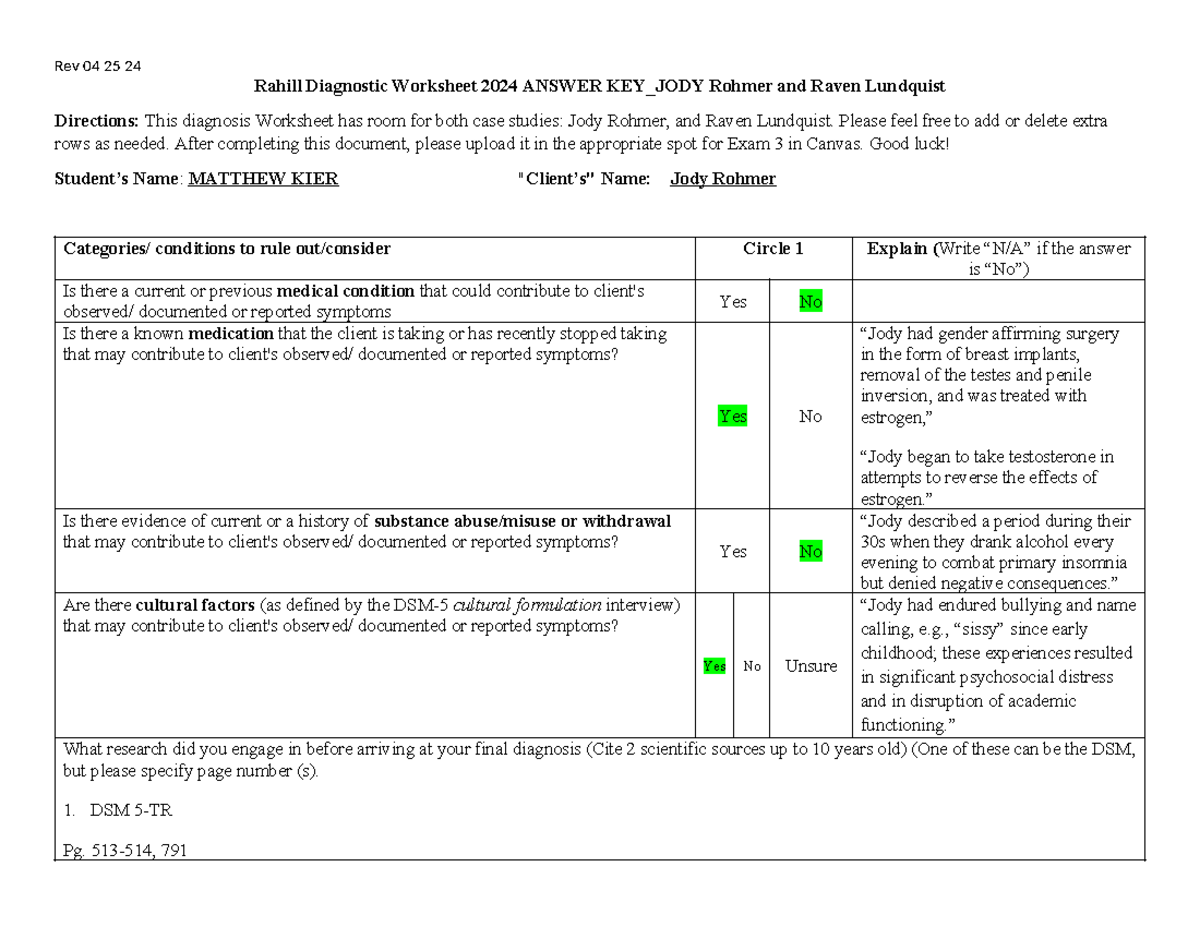Final Case Study - Rahill Diagnostic Worksheet 2024 ANSWER KEY_JODY ...