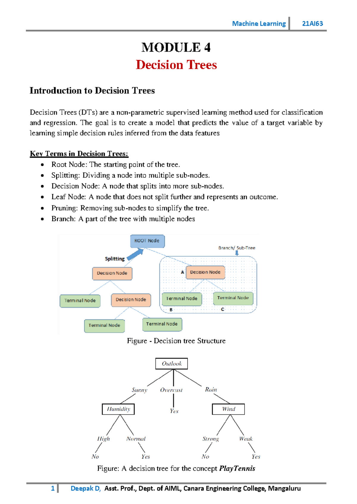 Module 4 - MODULE 4 Decision Trees Introduction to Decision Trees Decision Trees (DTs) are a ...