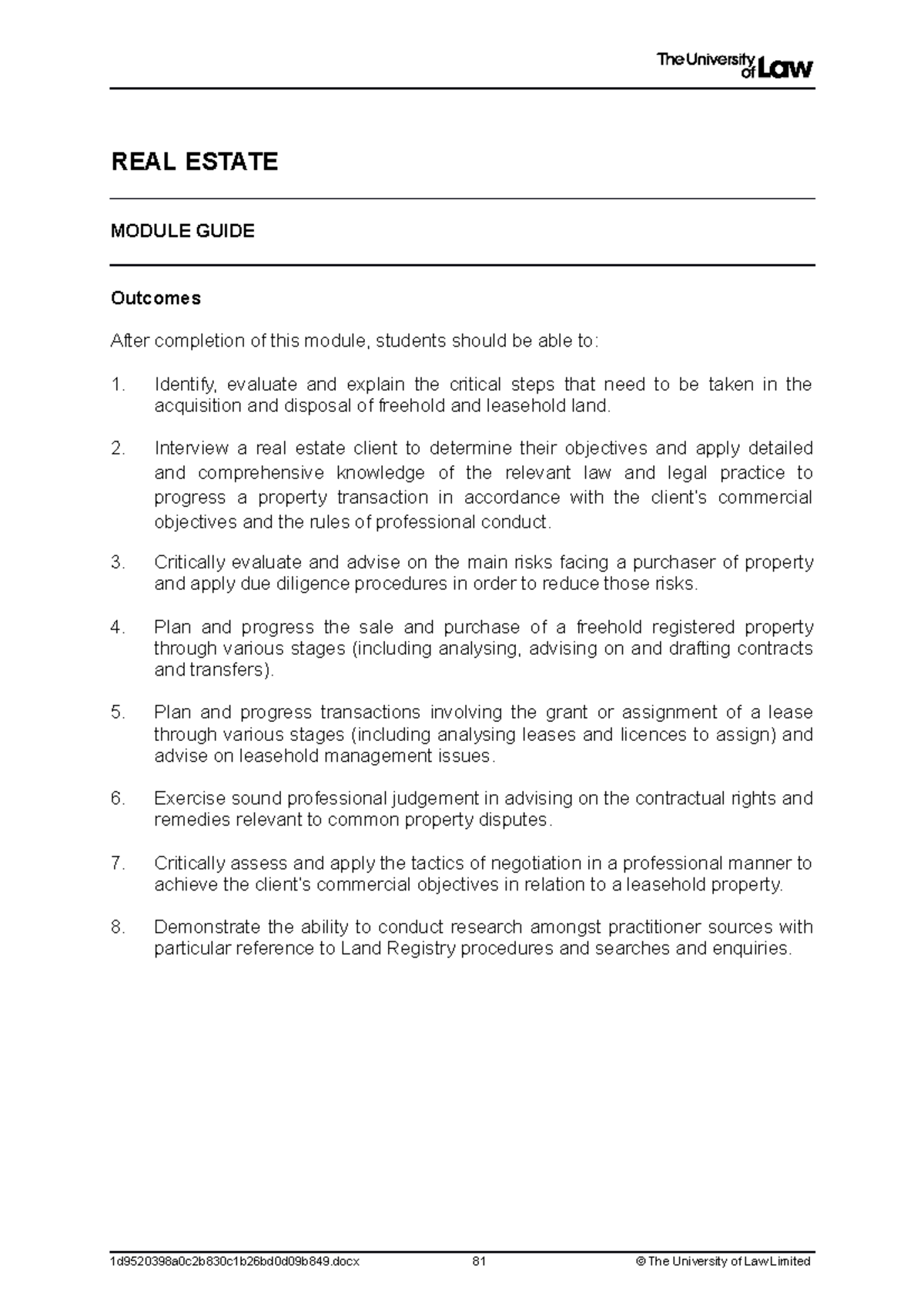 Real estate guide summary - REAL ESTATE MODULE GUIDE Outcomes After ...