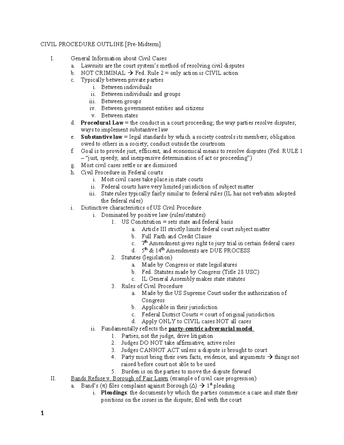 Civil Procedure Outline - CIVIL PROCEDURE OUTLINE [Pre-Midterm] I ...