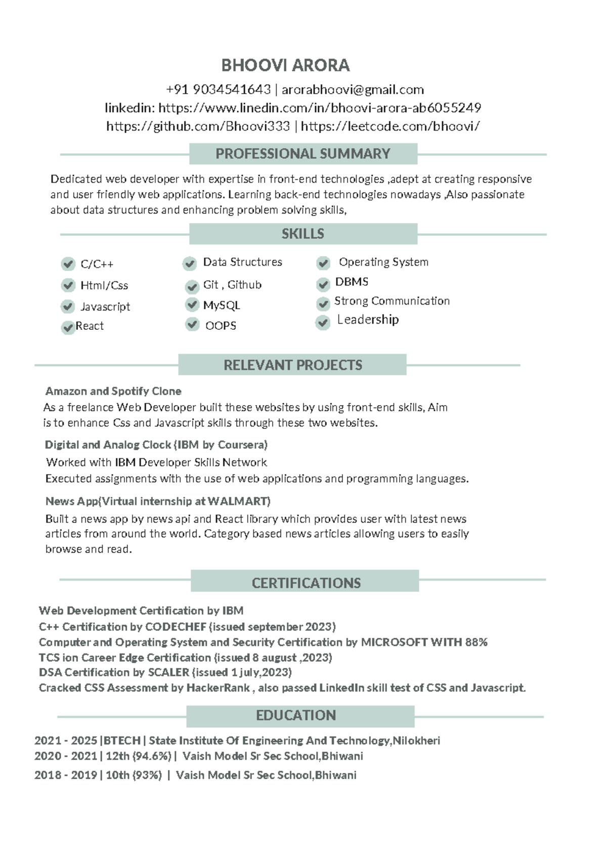 Resume bhoovi - BHOOVI ARORA +91 9034541643 | arorabhoovi@gmail linkedin: linedin/in/bhoovi ...