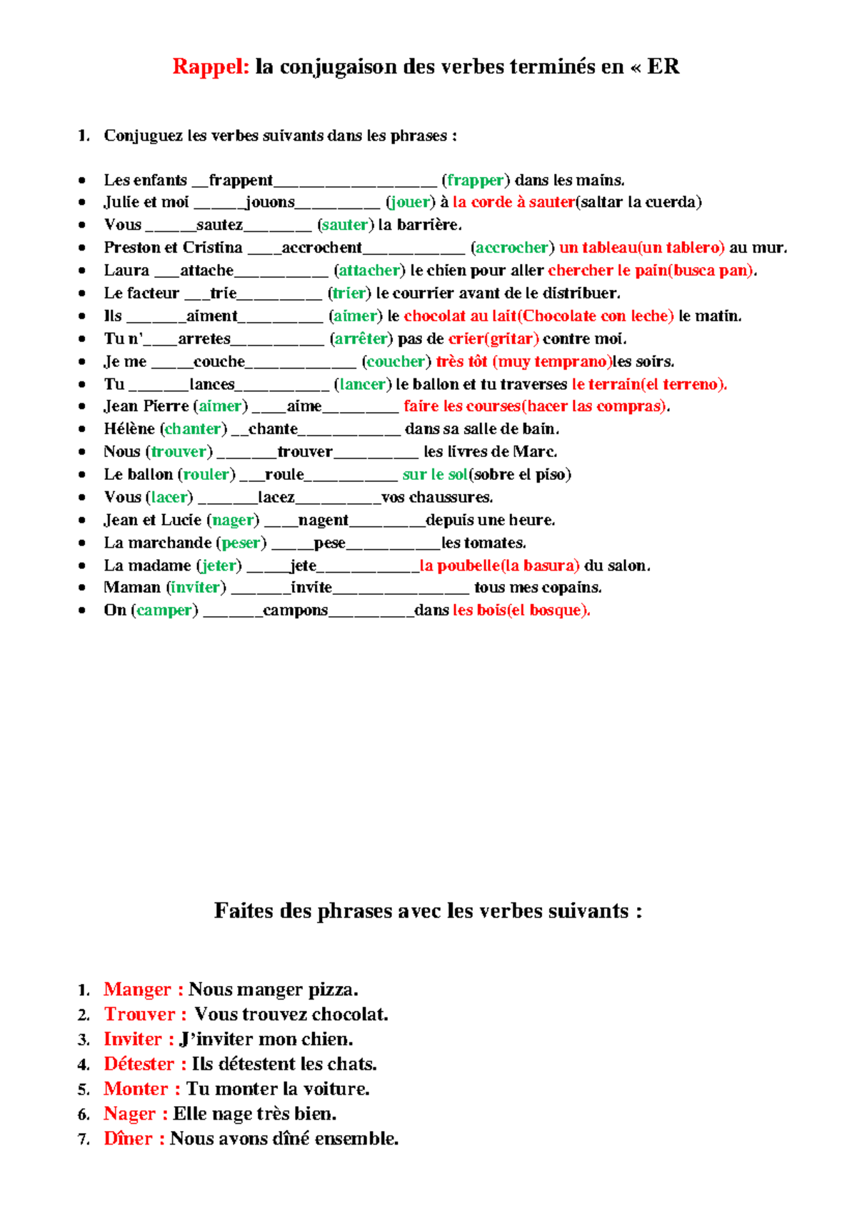 La conjugaison des verbes en - Rappel: la conjugaison des verbes ...