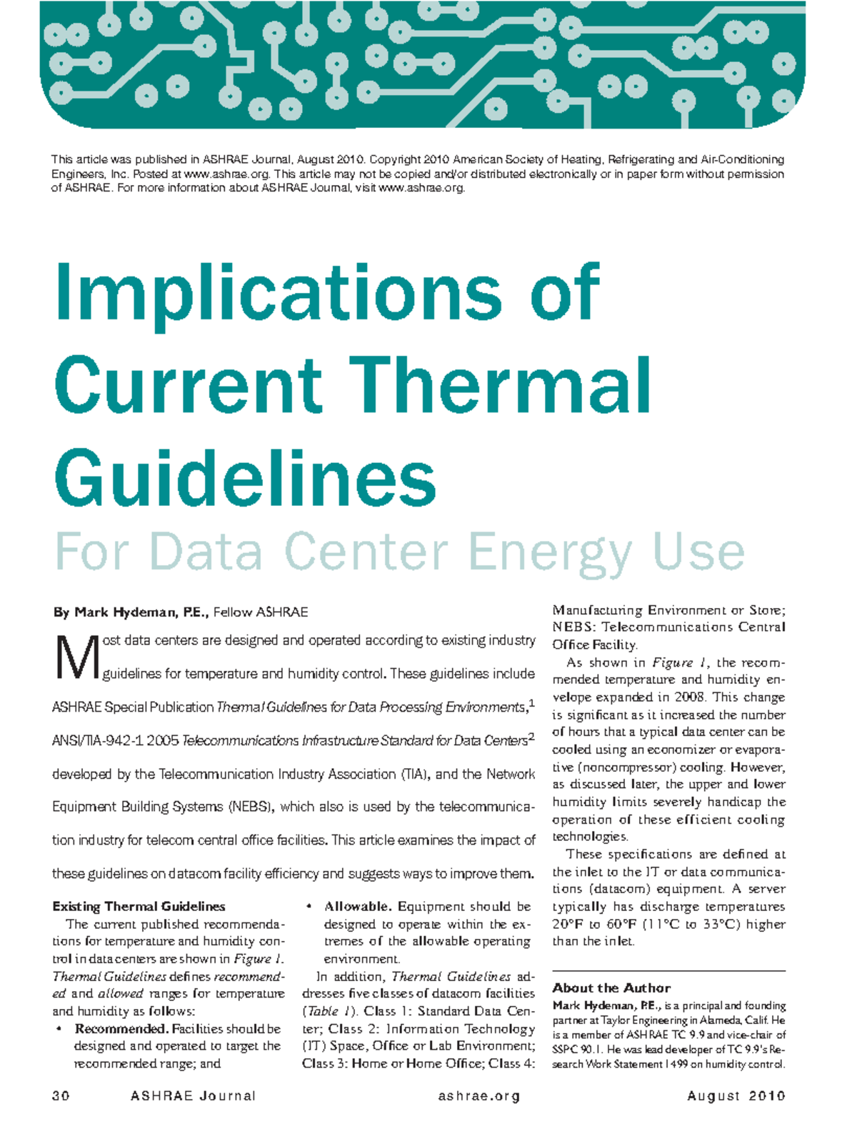 Ashrae Journal - Ashrae Data Center Thermal Envelope Implications - 3 0 ...