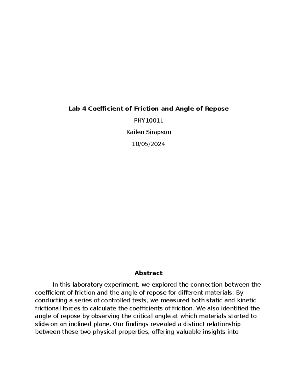 Module 4 Lab Report - Lab 4 Coefficient of Friction and Angle of Repose PHY1001L Kailen Simpson ...