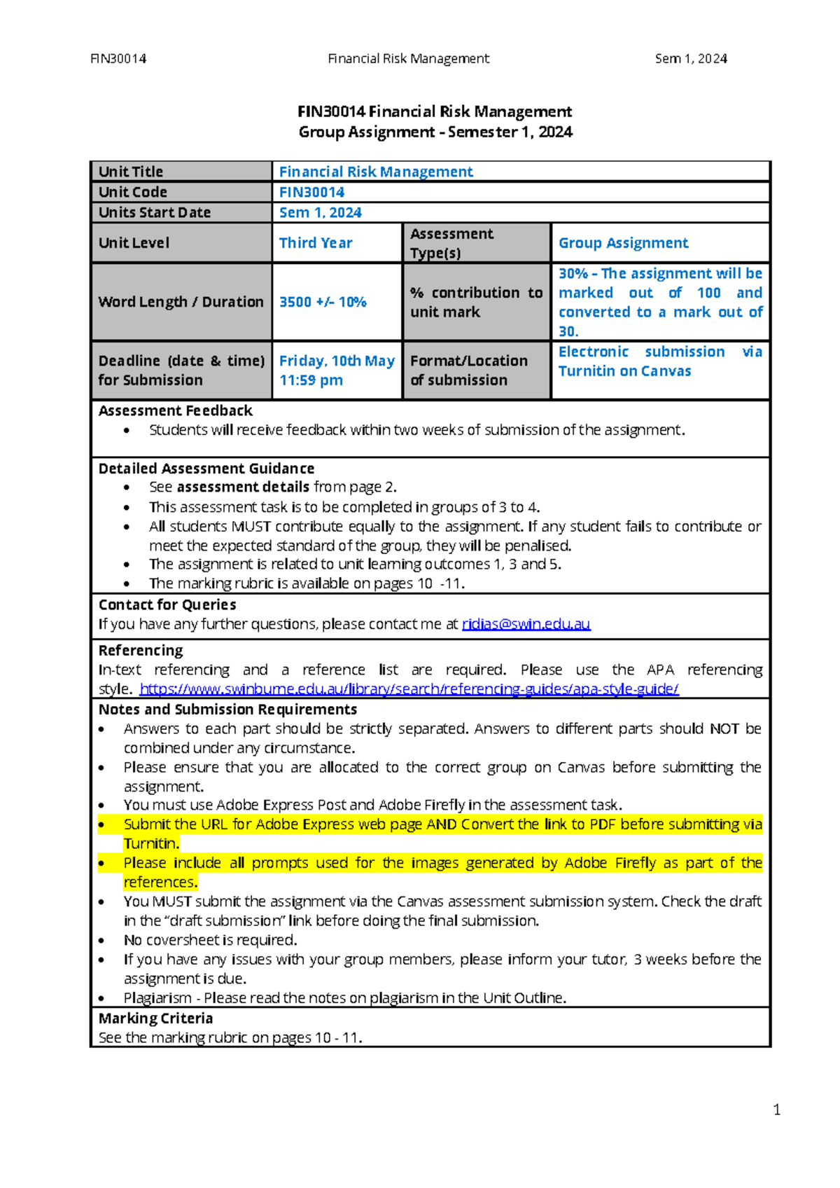 Group Assignment S1 24-2 - FIN30014 Financial Risk Management Group ...