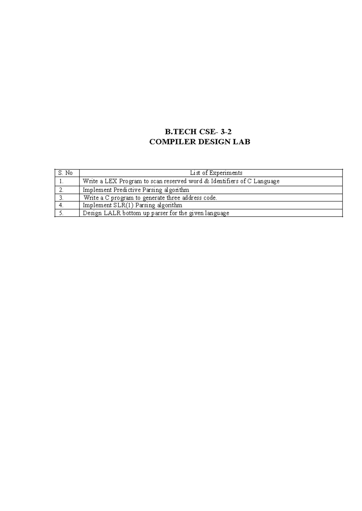 Cd Lab Manual B Cse 3 Compiler Design Lab S No List Of Experiments 1 Write A Lex Program