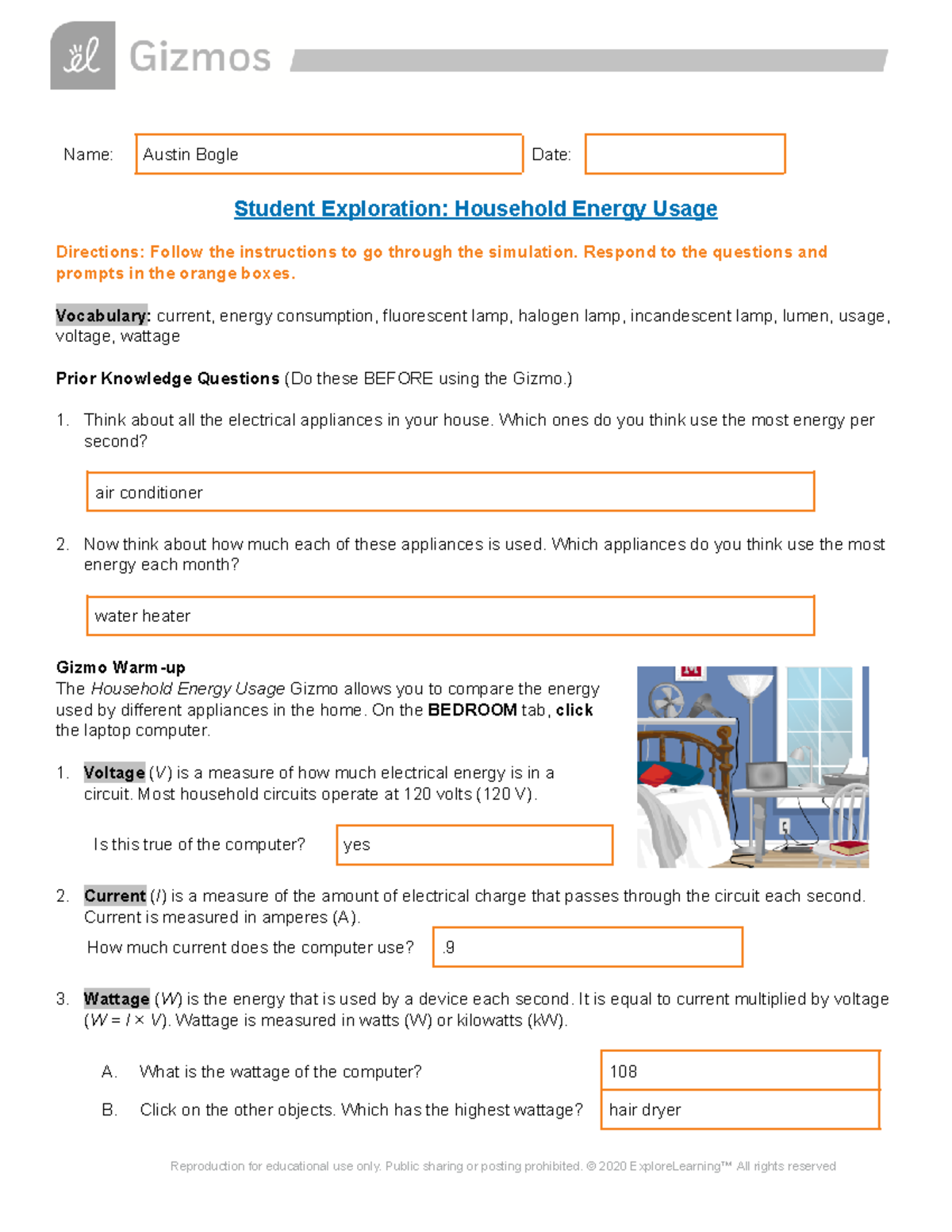 Household Energy SE - Name: Austin Bogle Date: Student Exploration ...