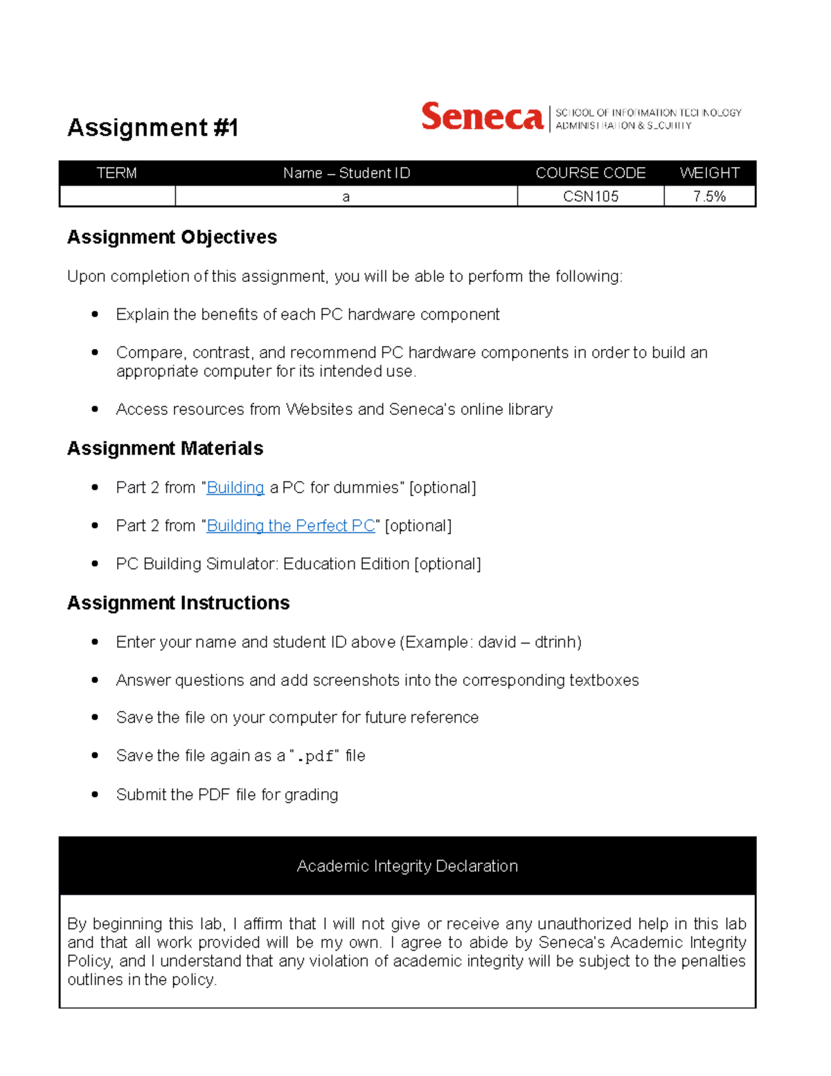 CSN105 Assignment 1 Computer Build Writingasd - Assignment TERM Name ...