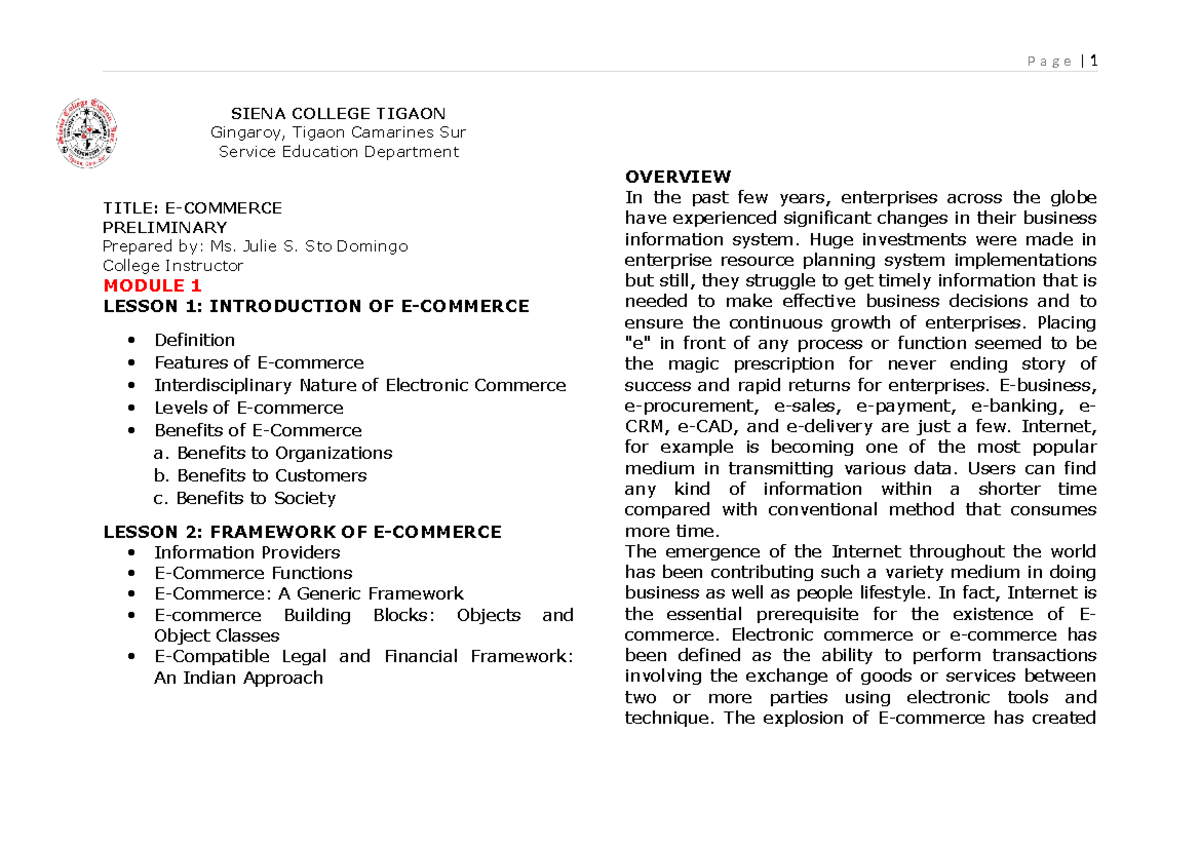 E- Commerce-module - MODULE - SIENA COLLEGE TIGAON Gingaroy, Tigaon ...