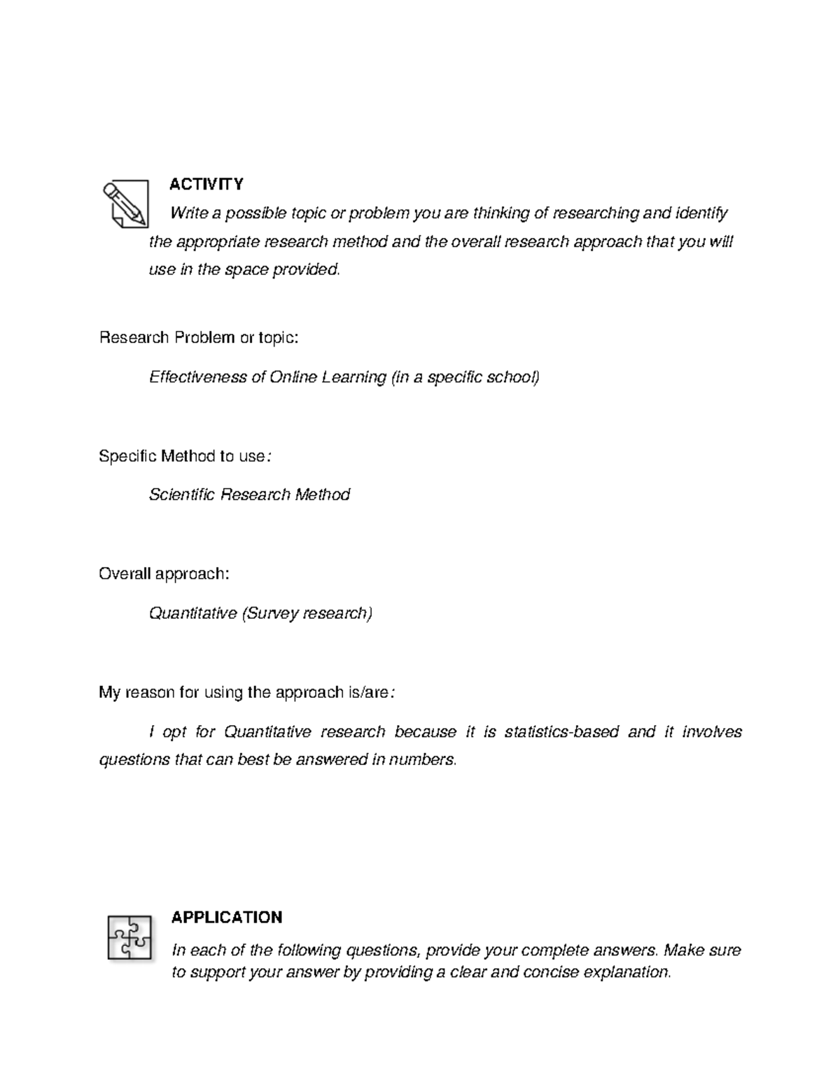 Research Methods Lesson 1 - ACTIVITY Write a possible topic or problem ...