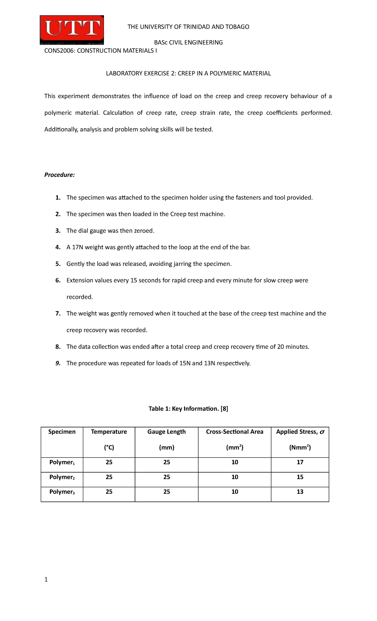 Creep TEST 2019 1 copy - work - BASc CIVIL ENGINEERING CONS2006 ...