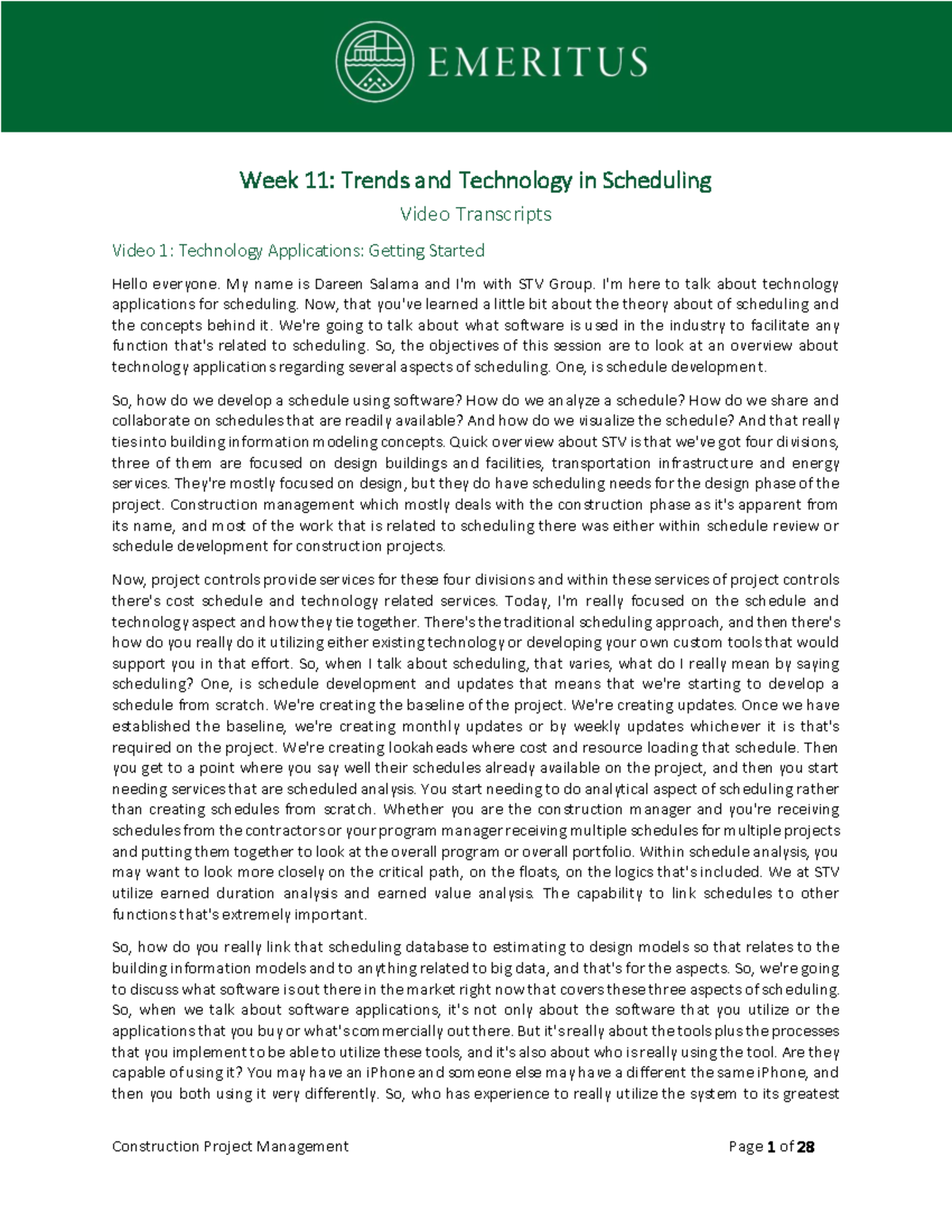 CPM Week 11 Transcripts - Week 11 : Trends and Technology in Scheduling Video Transcripts Video ...