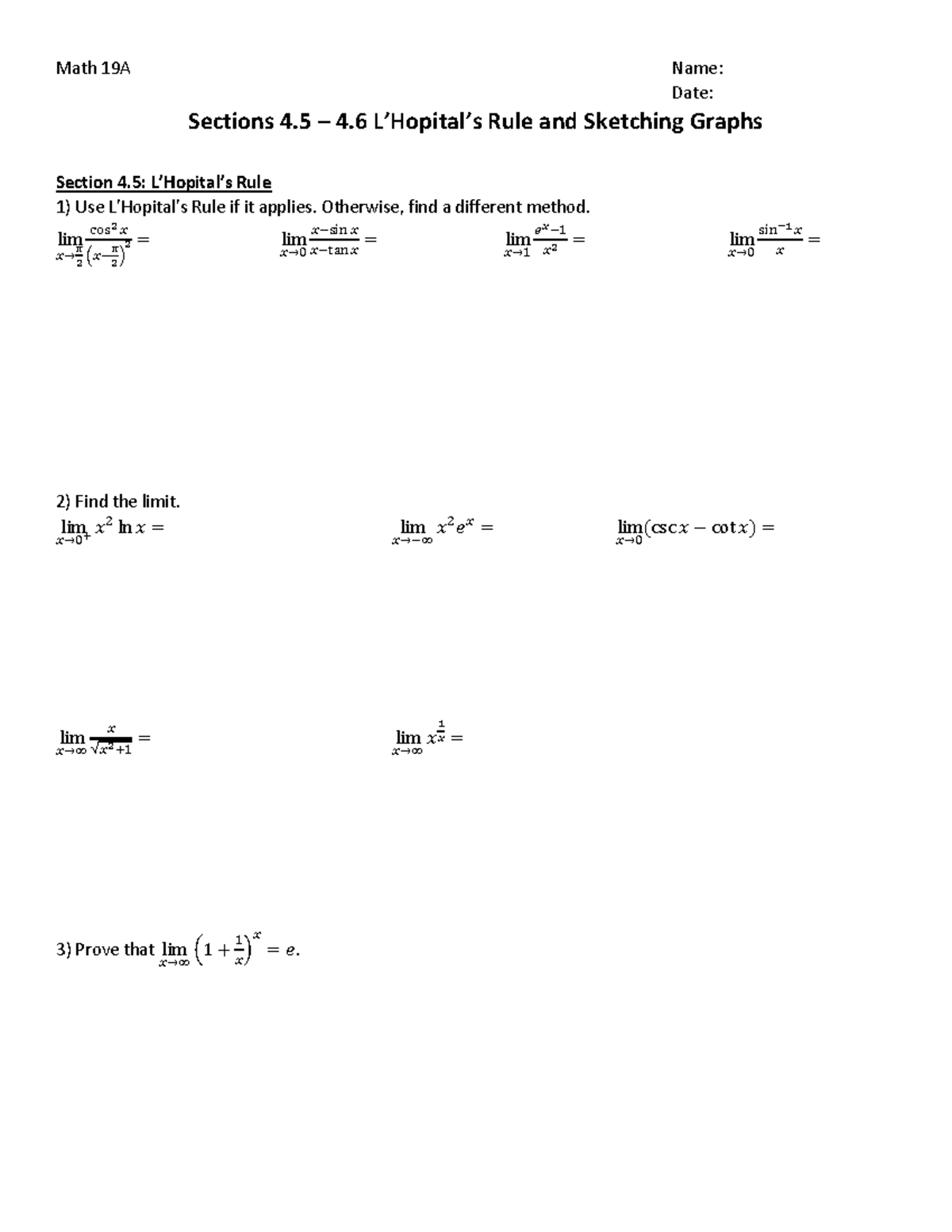 Worksheet Week 9 4.5 - 4.6 - MATH 19A - Math 19A Name: Date: Sections 4 ...