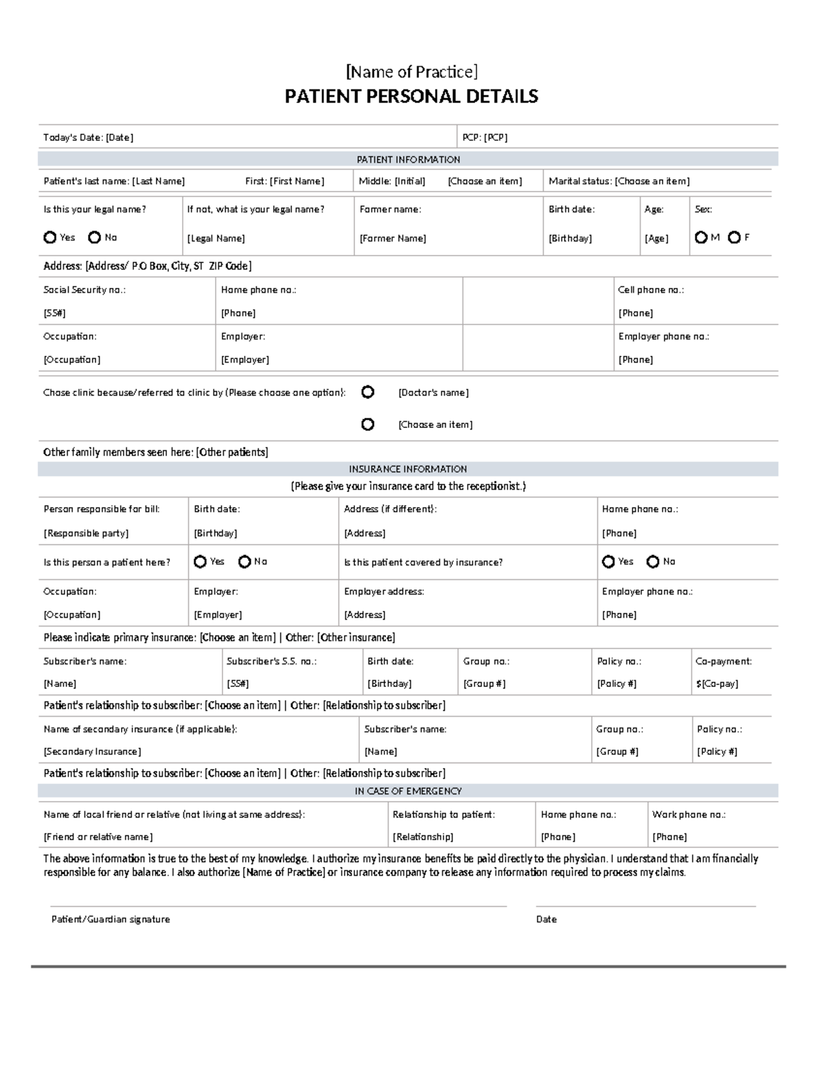Patient personal details form - [Name of Practice] PATIENT PERSONAL ...