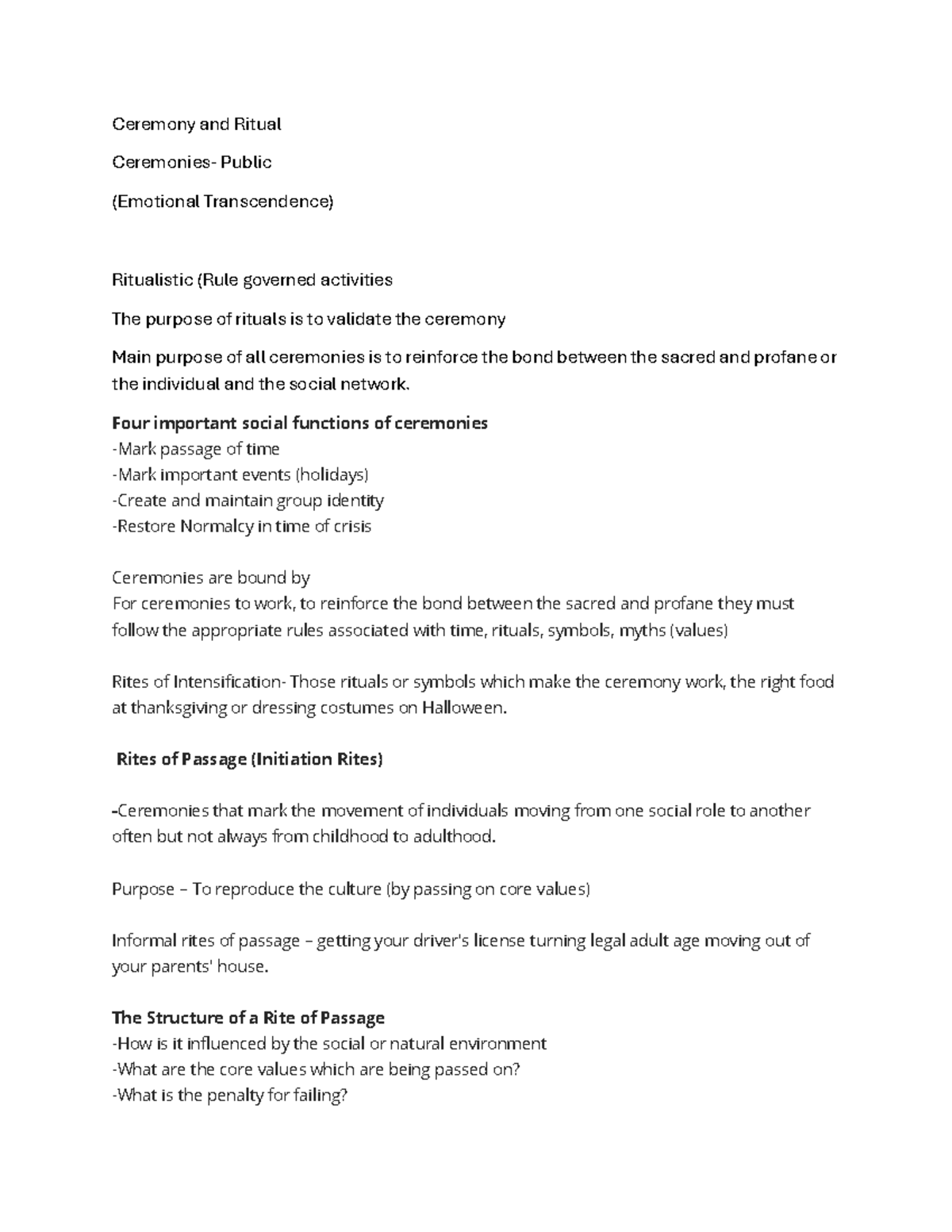 Review Sheet #8 - Lecture notes from classes. - Ceremony and Ritual ...