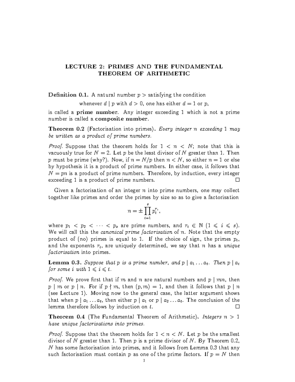 MATH30200 2016-2017 Lecture 2 - Primes and the Fundamental Theorem of Arithmetics - LECTURE 2 ...