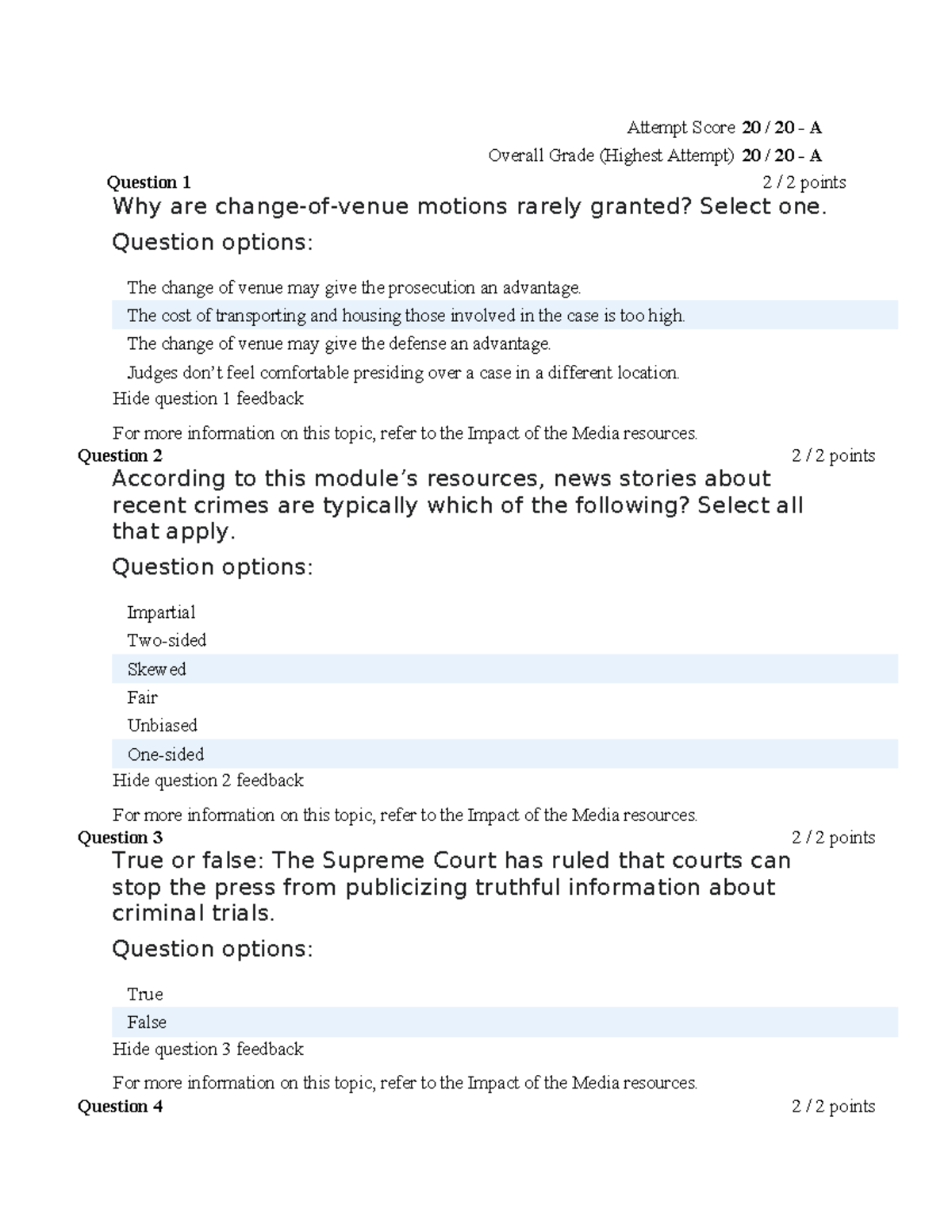 7-3 Quiz Module Seven Quiz - Attempt Score 20 / 20 - A Overall Grade ...