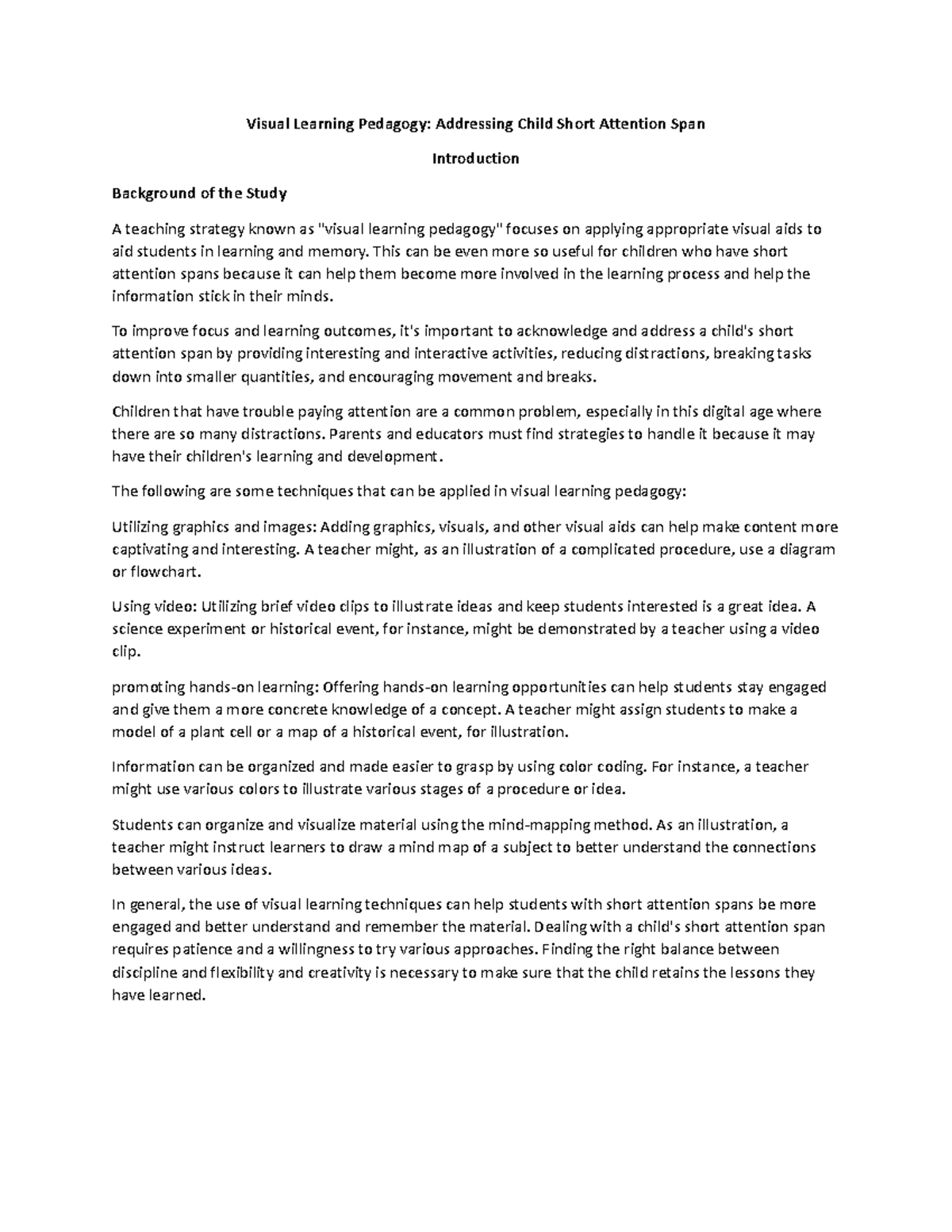 CBAR - Visual Learning Pedagogy: Addressing Child Short Attention Span Introduction Background ...