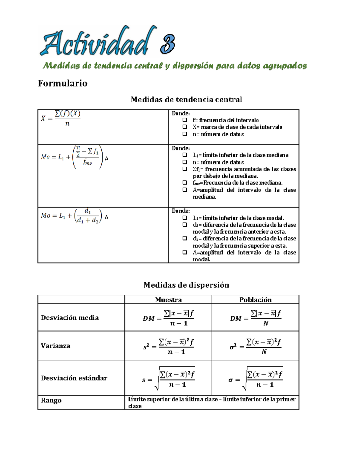 Act. 3 Medidas de tendencia central y dispersión (datos agrupados ...