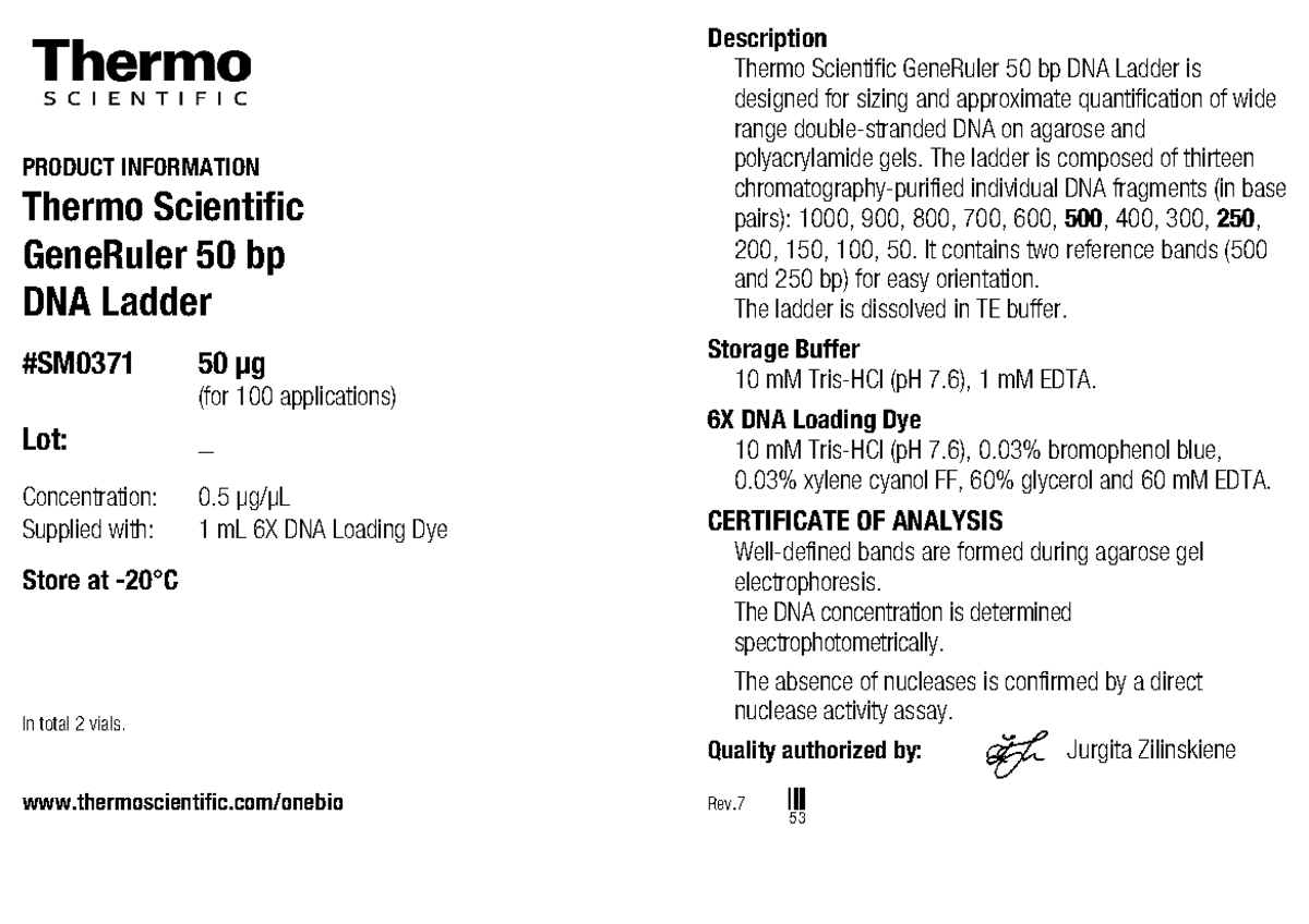 Gene Ruler 50bp DNALadder 50ug UG - PRODUCT INFORMATION Thermo ...