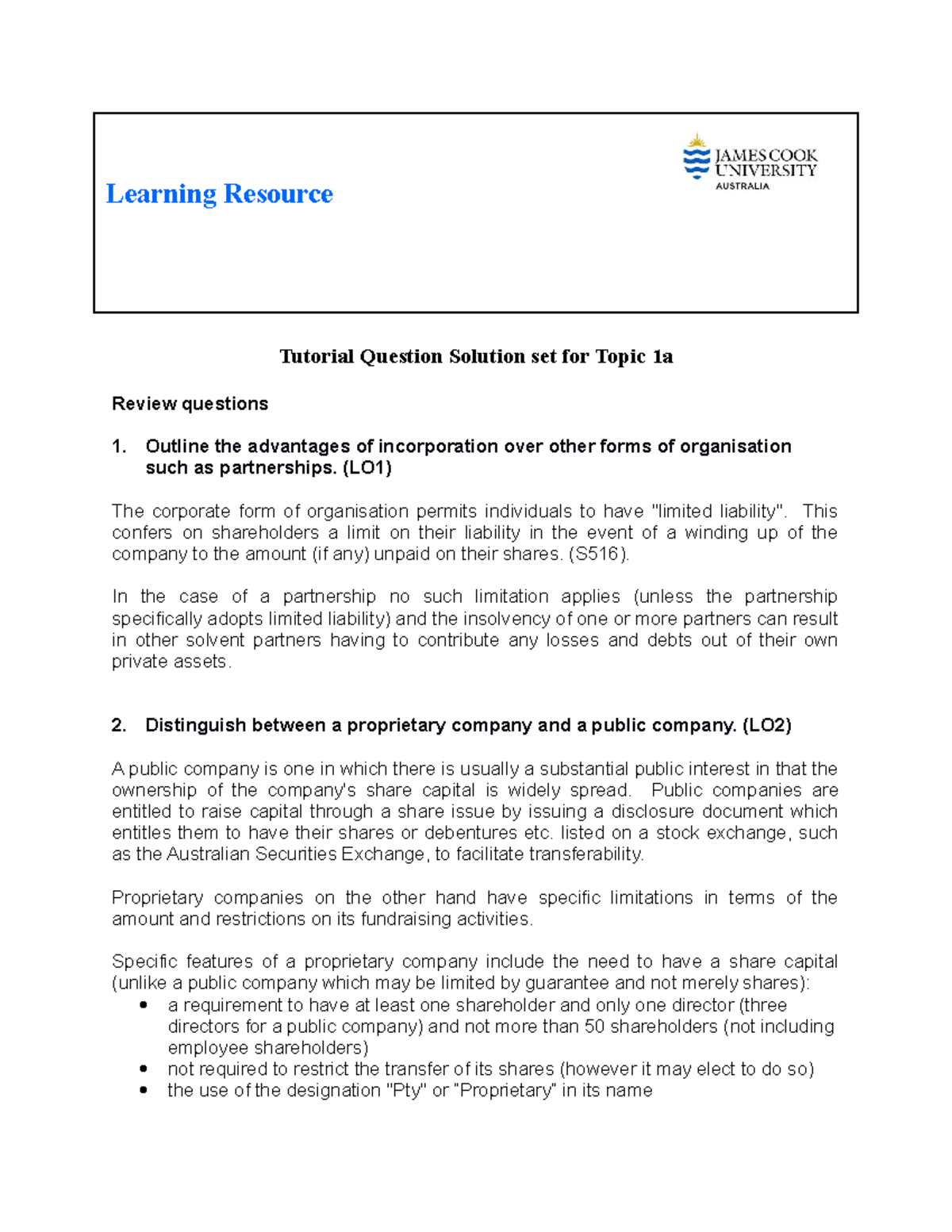 Topic 1a Tutorial Question Solutions - Tutorial Question Solution set ...
