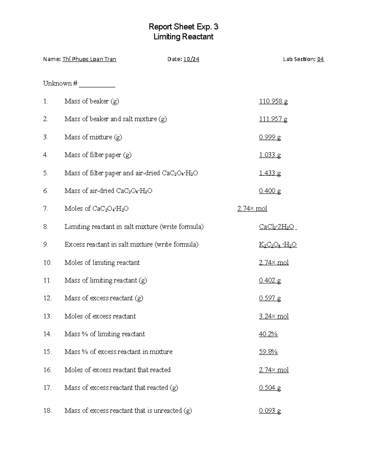 Limiting Reactant Postlab Limiting Reactant Name Thi Phuoc Loan Tran