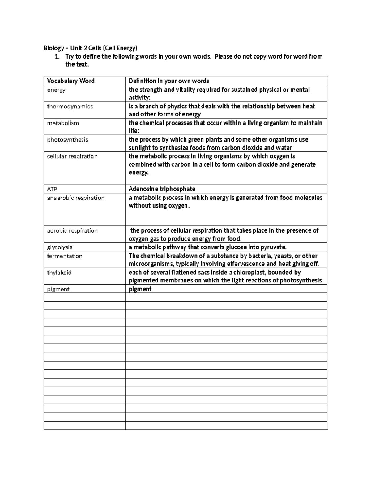 Cell Energy Vocabulary - Biology – Unit 2 Cells (Cell Energy) 1. Try to ...