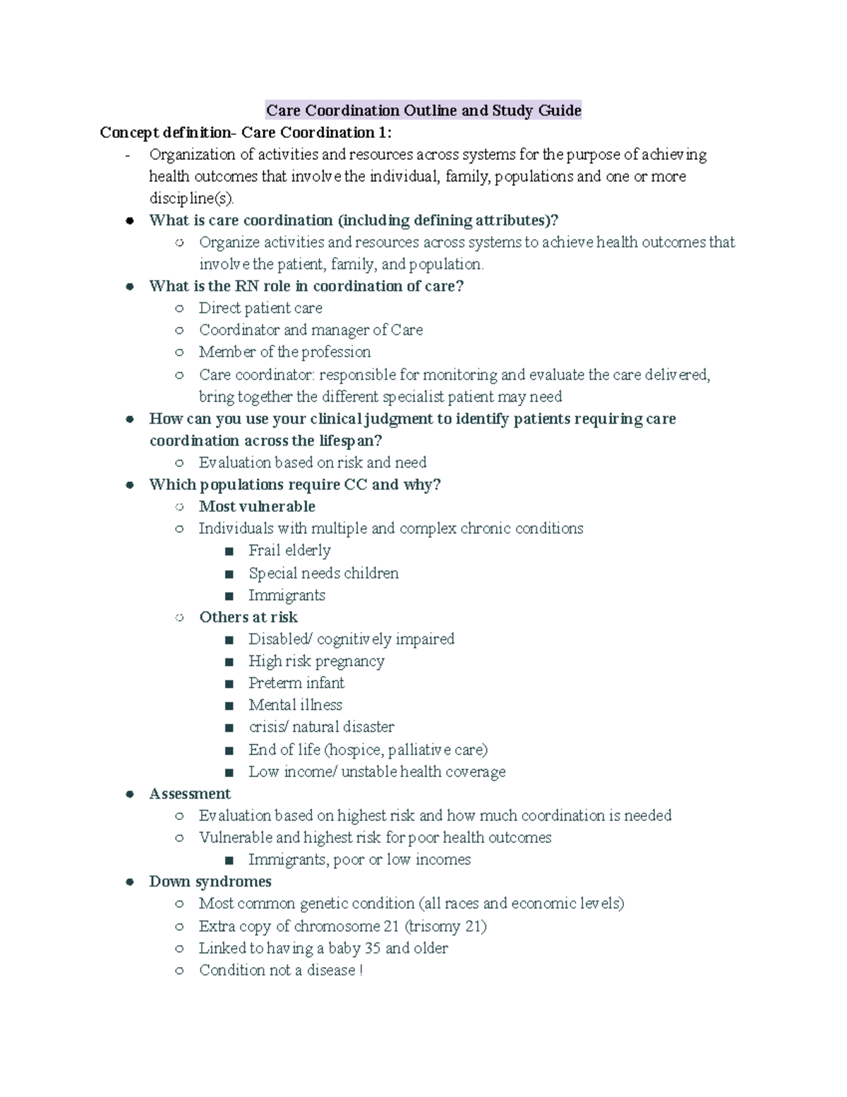 Health and Illness Care coordination study guide - Care Coordination ...