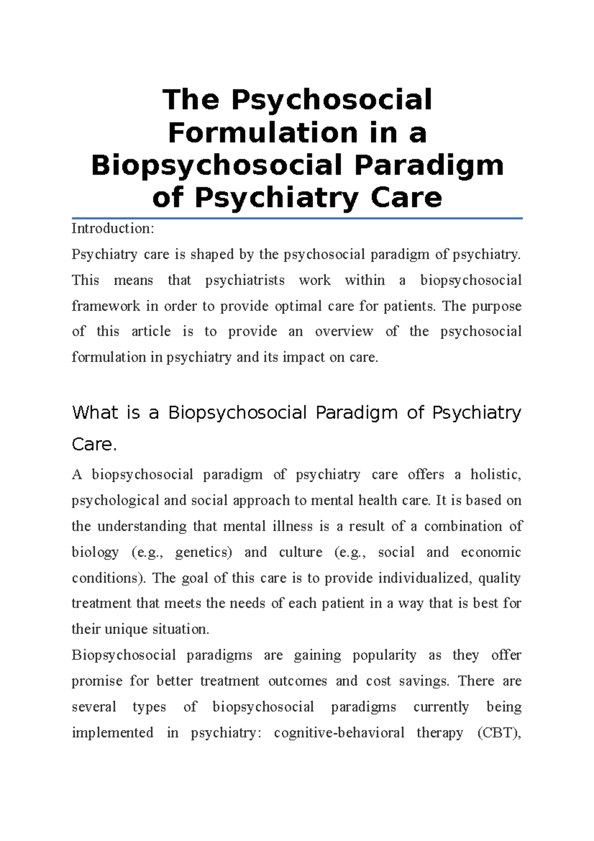 The Psychosocial Formulation in a Biopsychosocial Paradigm of ...