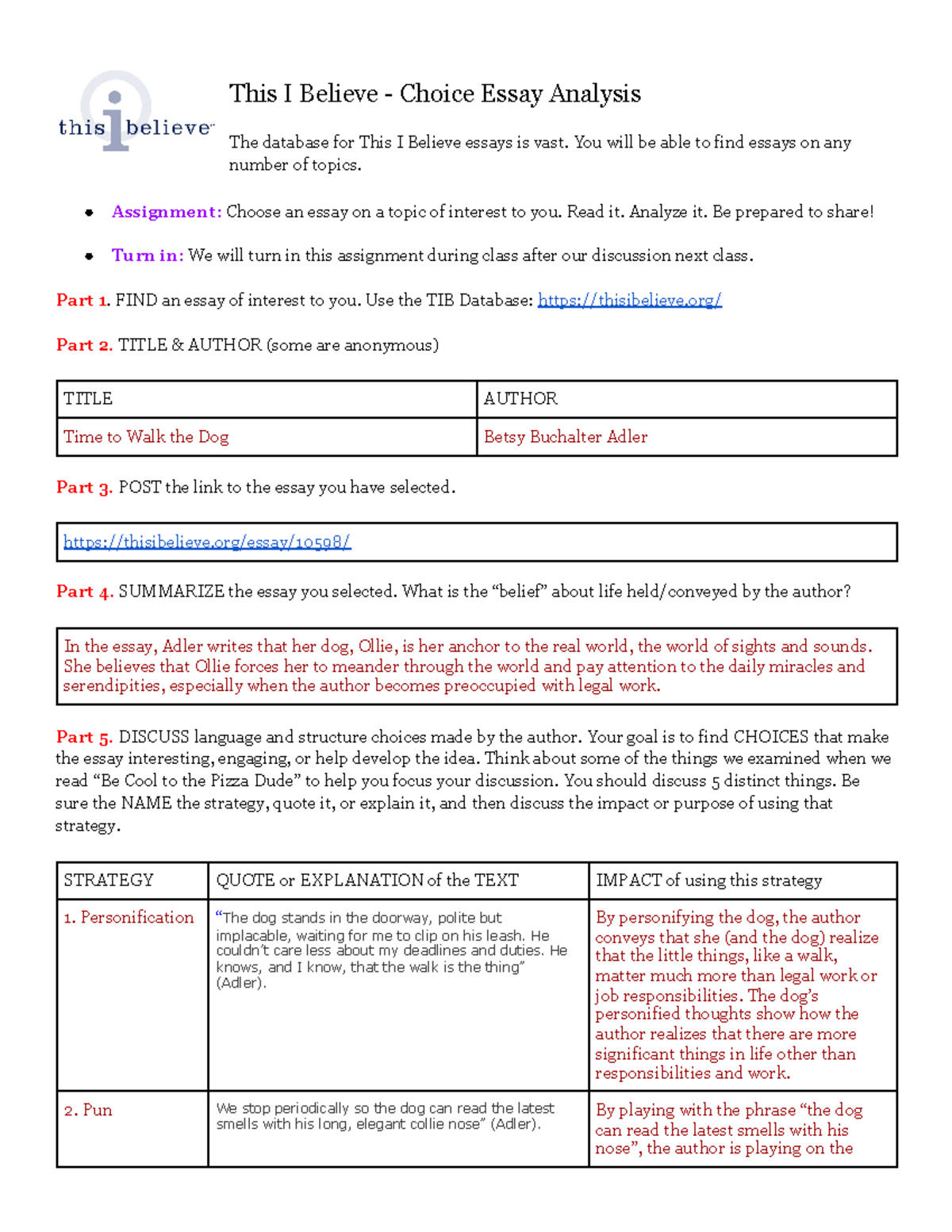 Assignment - TIB Choice Essay Analysis - This I Believe - Choice Essay ...