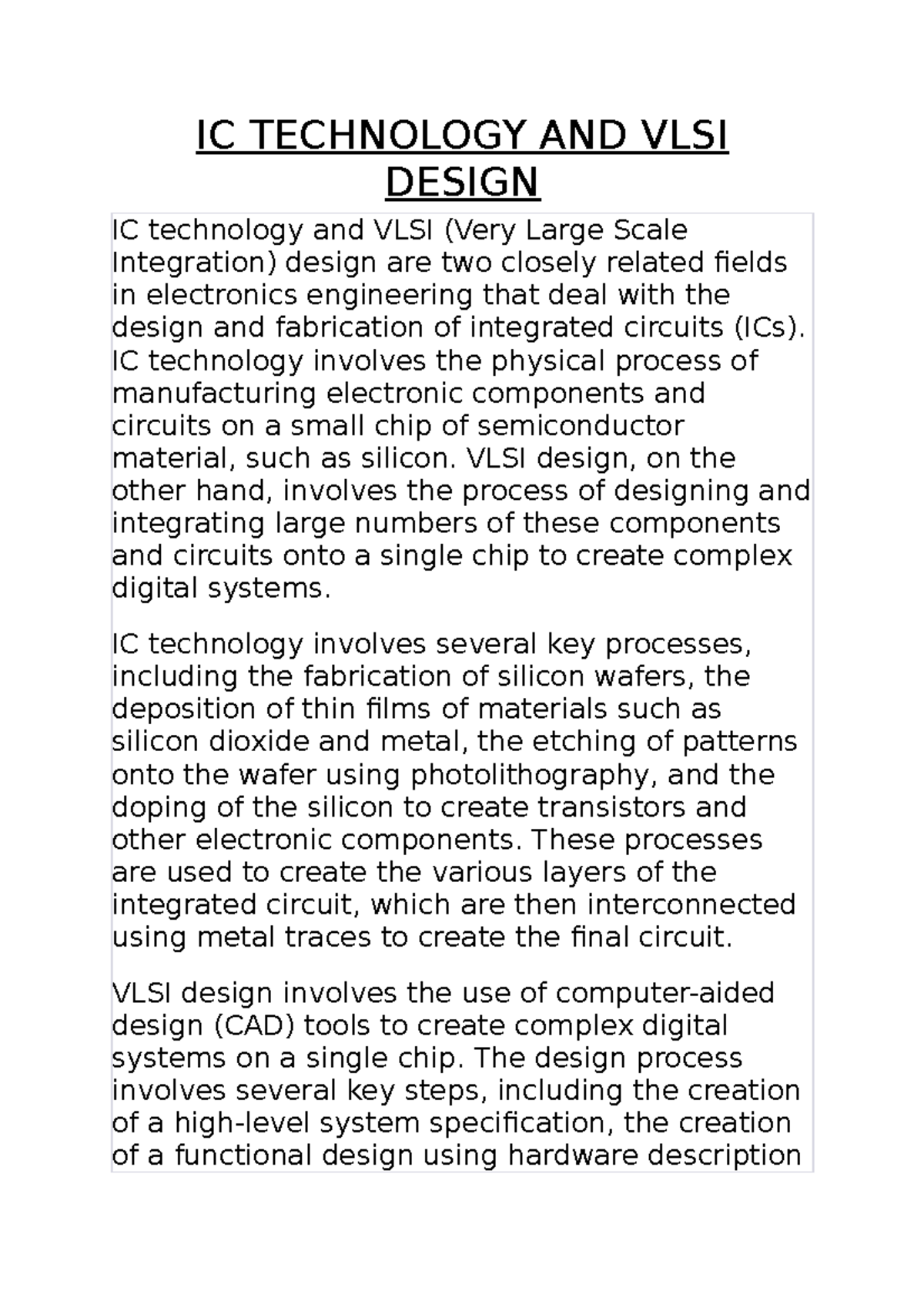 IC Technology AND VLSI Design - IC TECHNOLOGY AND VLSI DESIGN IC ...