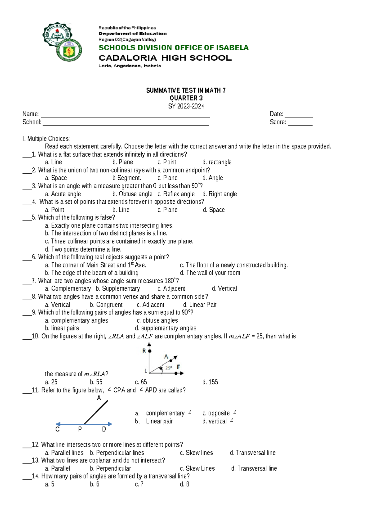 Q3 Periodic Test MAT H 7 - Summary Bsed Math - SUMMATIVE TEST IN MATH 7 ...