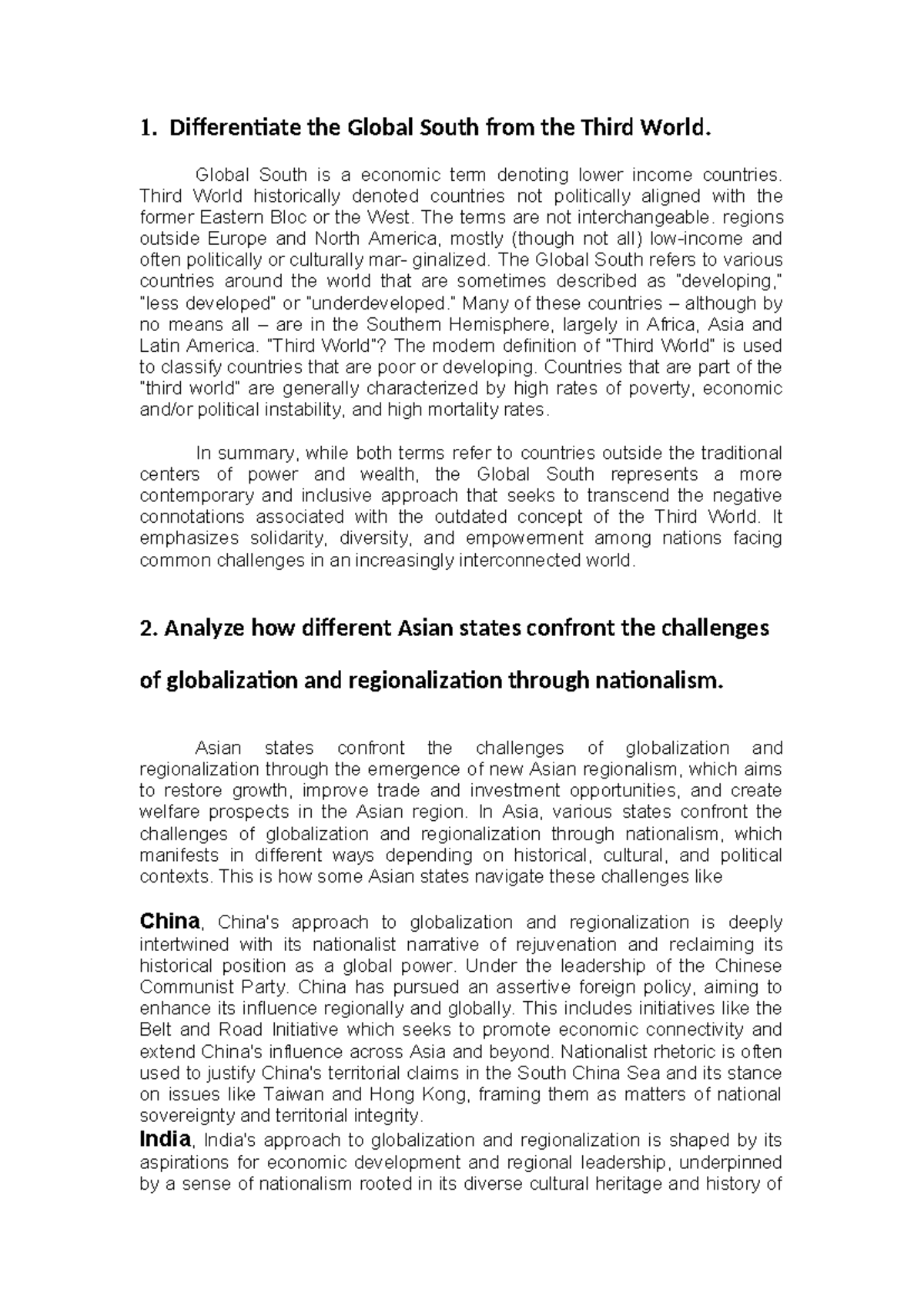 Differentiate the Global South from the Third Wor - 1. Differentiate ...