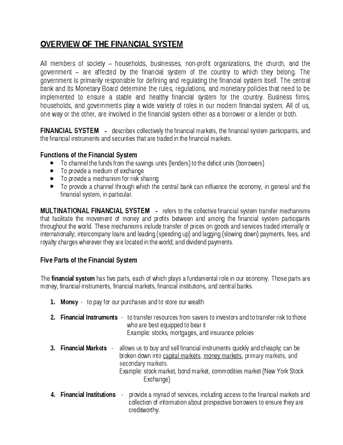 Topic 1 BFI Overview of the Financial System - OVERVIEW OF THE ...