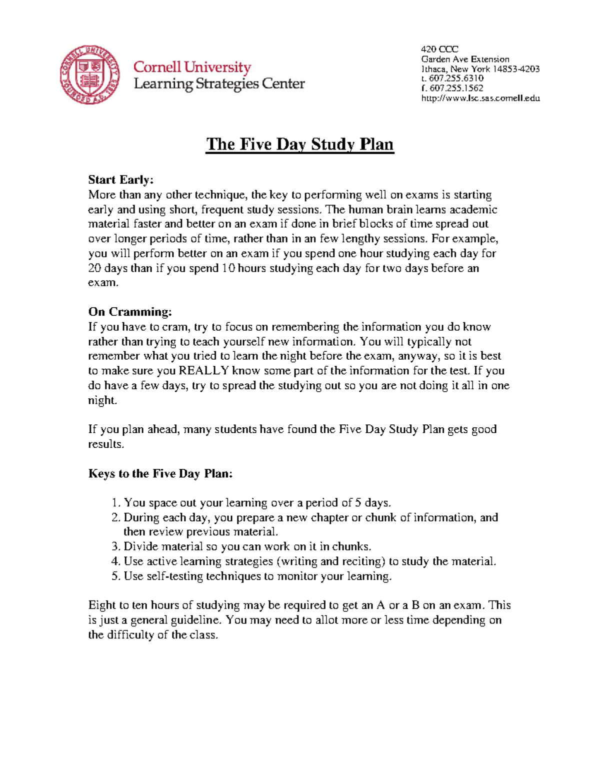 The Five Day Study Plan The Five Day Study Plan Start Early More