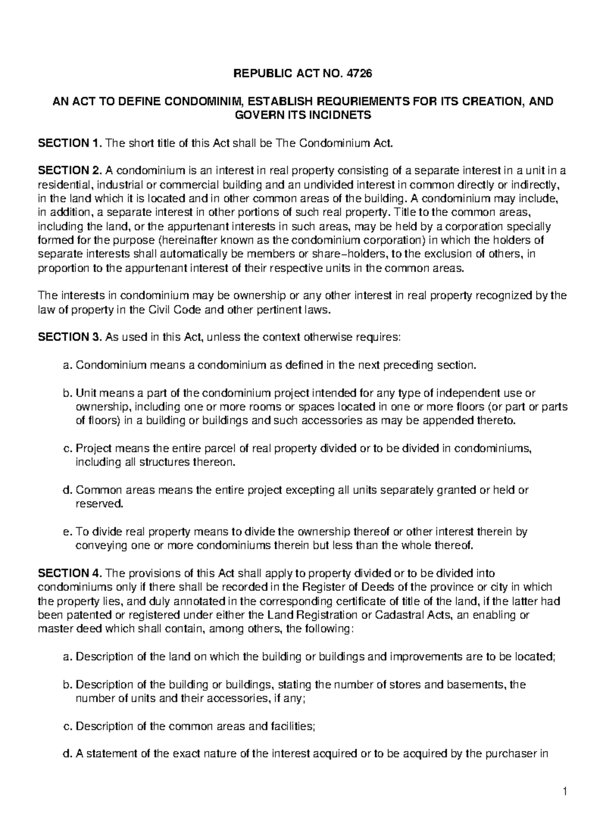 RA 4726 - Bldg Laws - REPUBLIC ACT NO. 4726 AN ACT TO DEFINE CONDOMINIM ...