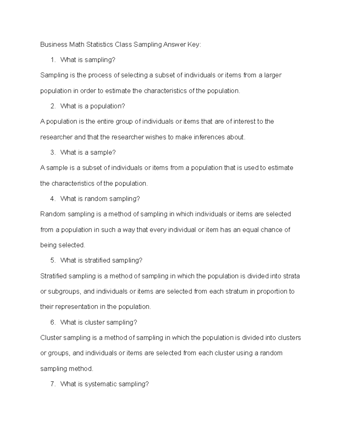 Business Math Statistics Class Sampling Answer Key - What is sampling ...