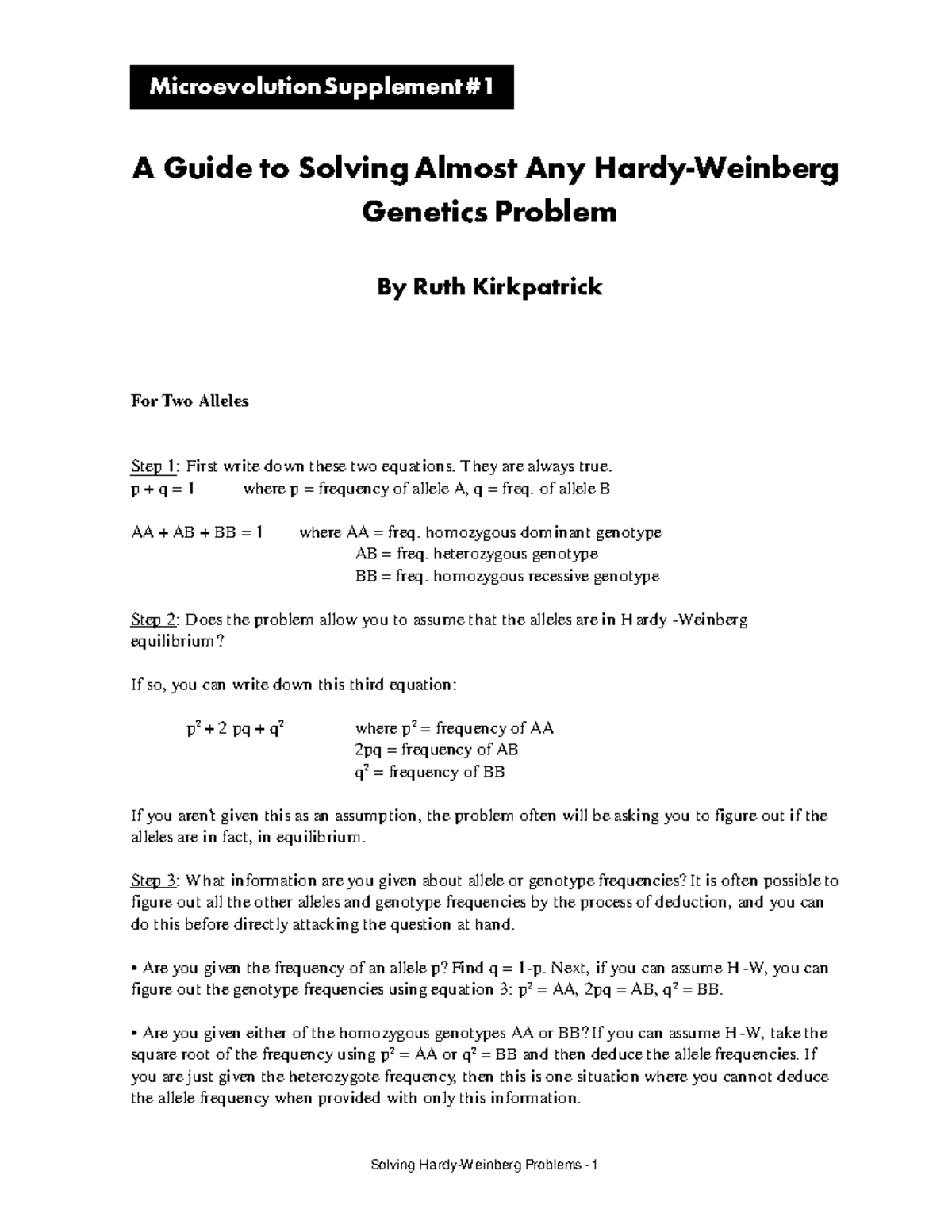 Supplemental Hardy Weinberg Guide Questions - Solving Hardy-Weinberg ...