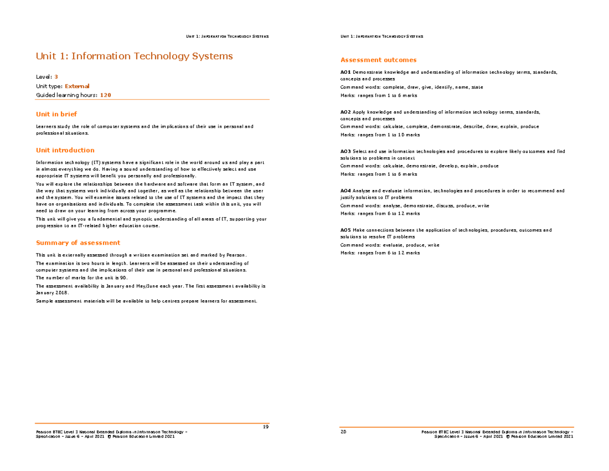 UNIT 1 BTEC 2016 Specification UNIT 1 - 19 Pearson BTEC Level 3 ...