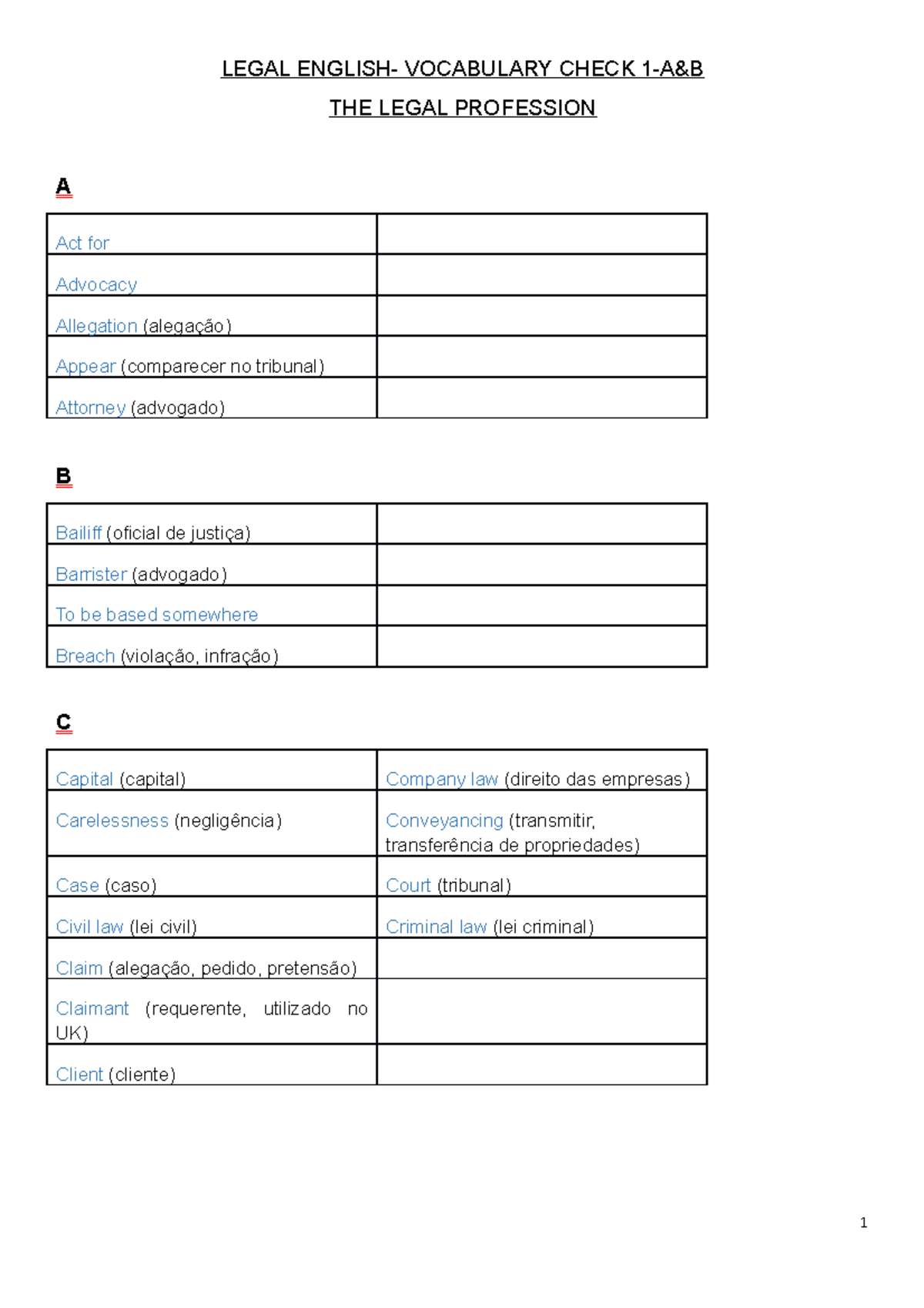 Vocabulário 1 inglês jurídico - LEGAL ENGLISH- VOCABULARY CHECK 1-A&B ...