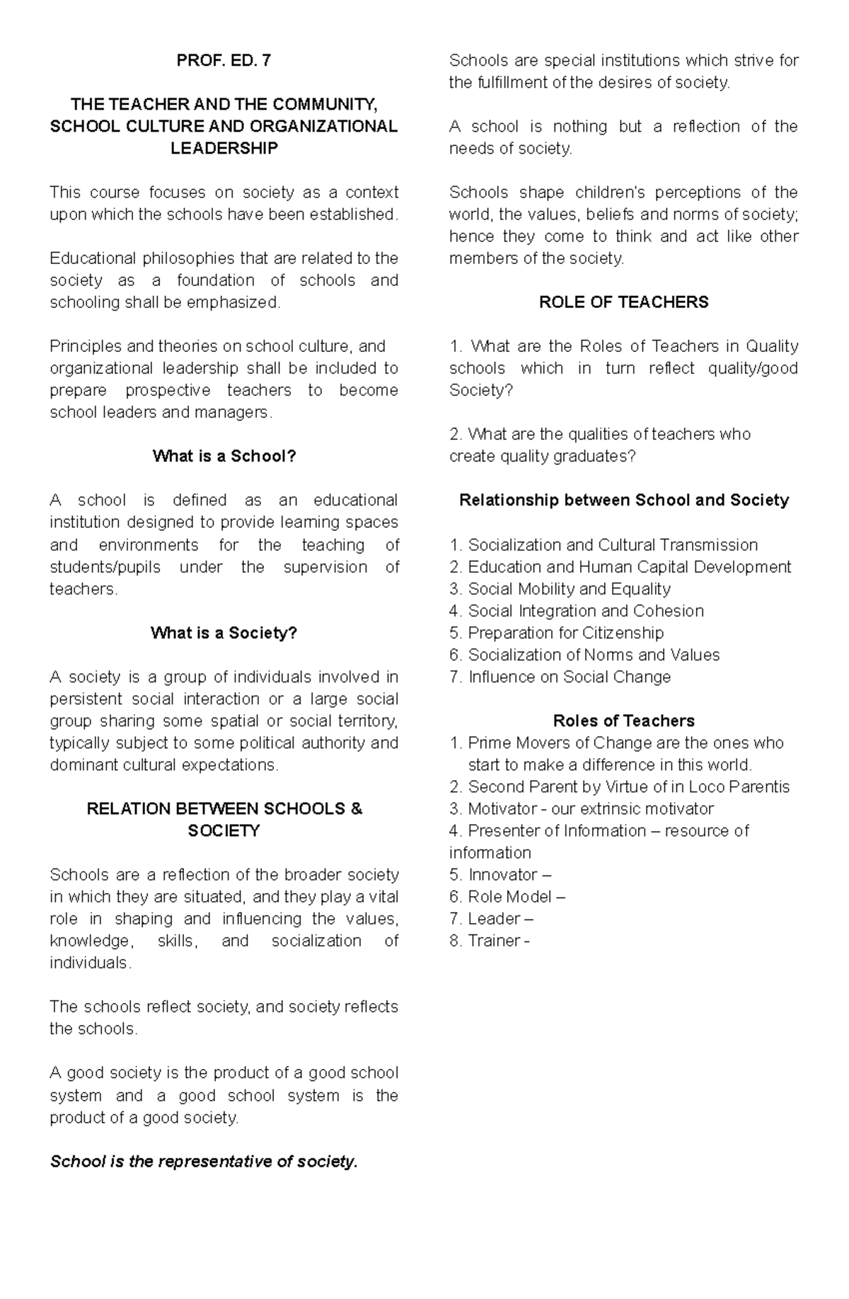 Prof. Ed. 7 (Roles of Teachers in Community) - PROF. ED. 7 THE TEACHER ...